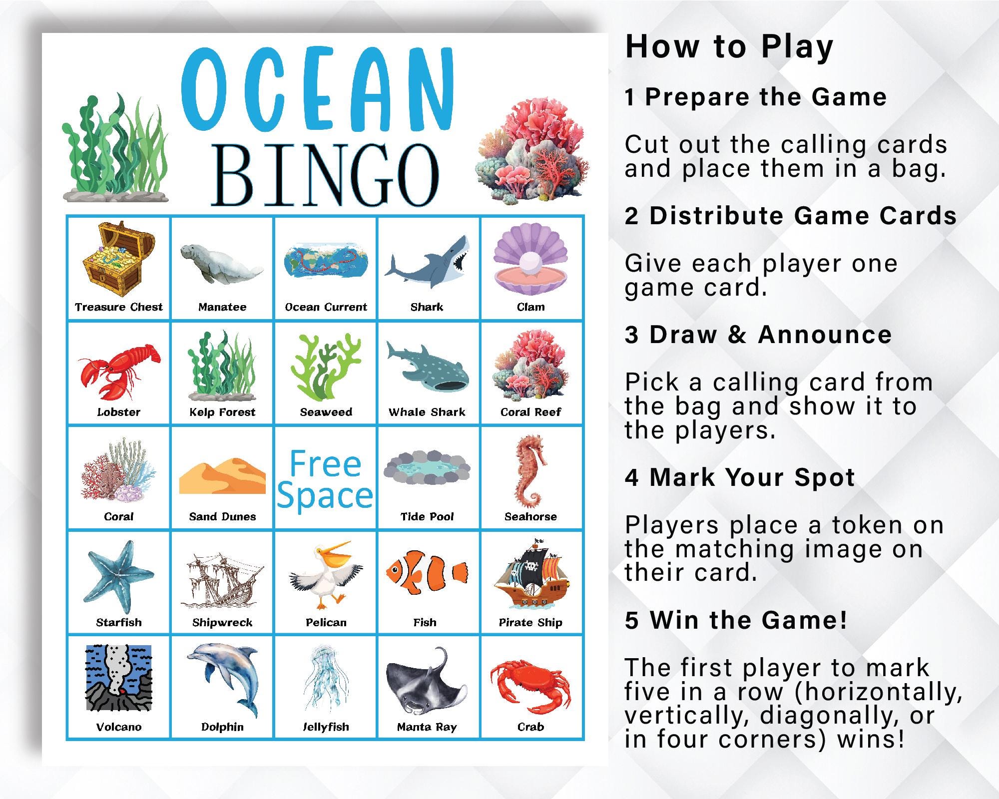 60 Ocean Bingo Cards, Ocean Bingo Activity, Under the Sea Bingo Cards ...