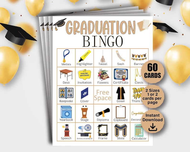 60 Graduation Bingo Cards, Graduation Party Games, Graduation Activity ...