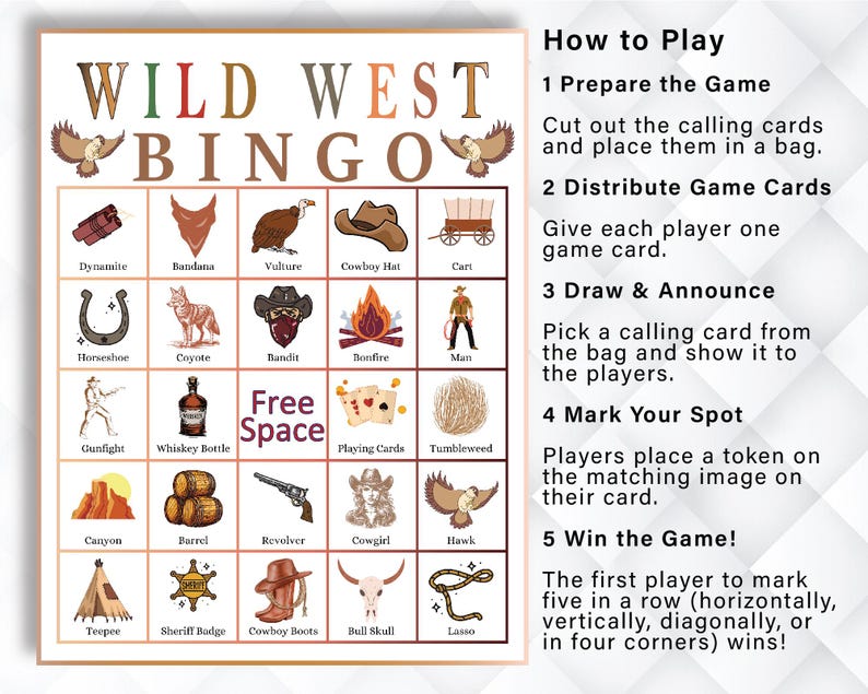60 Wild West Bingo Cards, Bingo Games, Cowboy Bingo, Native American ...
