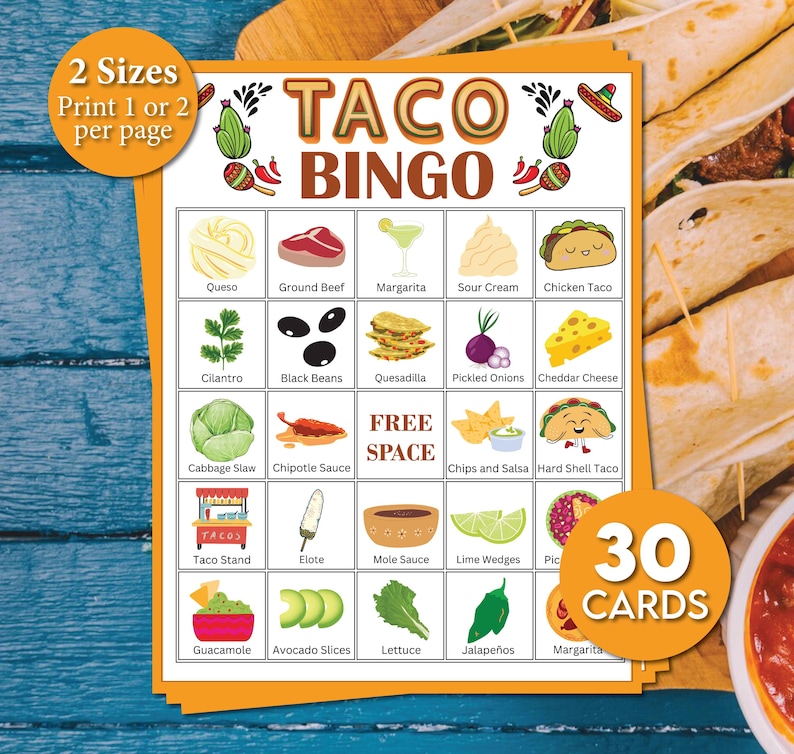 30 Printable Taco Bingo Cards, Taco Activity for Kids, Kids Taco Party ...