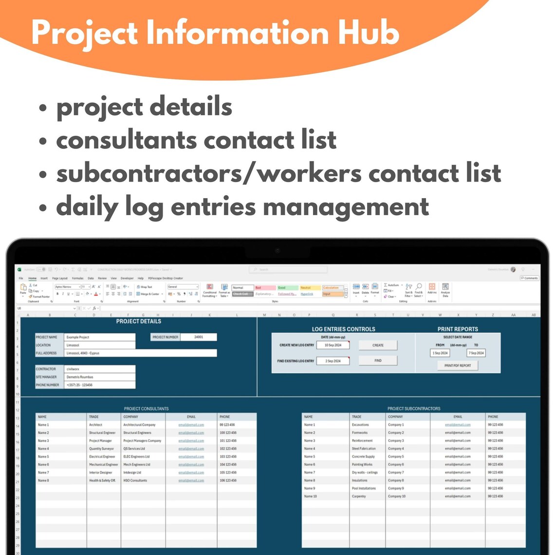 Construction Daily Works Progress Log Entry Diary Excel Template ...