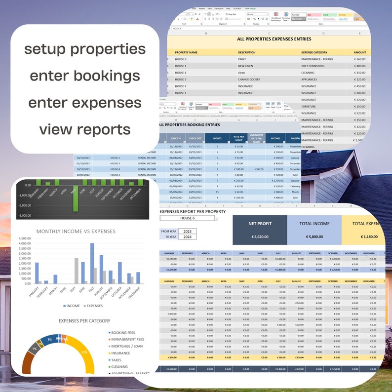 Multi Property Rental Financial Tracker Reports, Excel Spreadsheet, Airbnb, Hotel Apartments, B ...