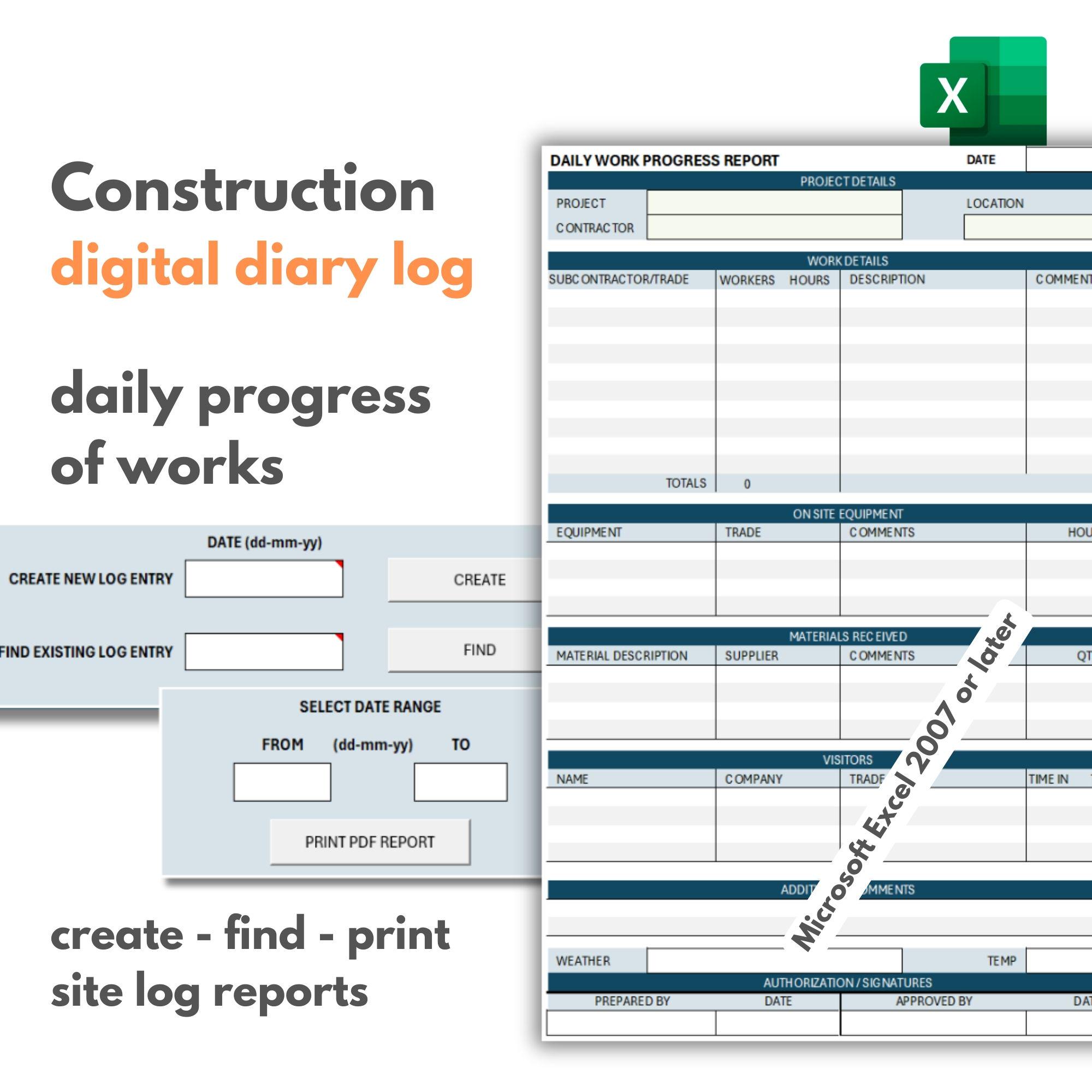 Construction Daily Works Progress Log Entry Diary Excel Template ...