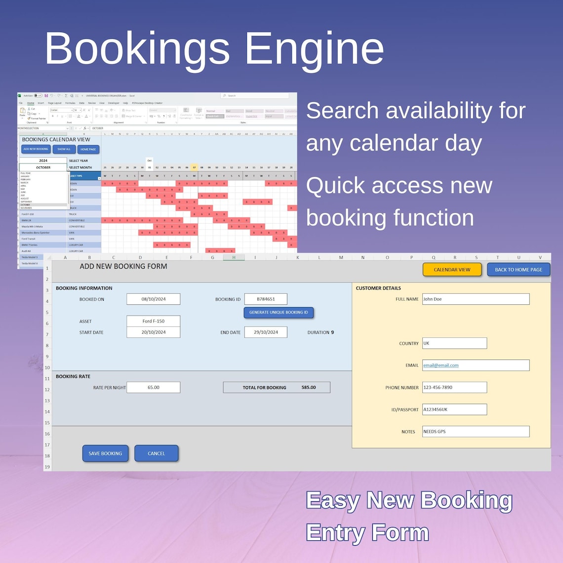 Universal Booking Calendar Organizer Excel Tool, Daily Basis ...
