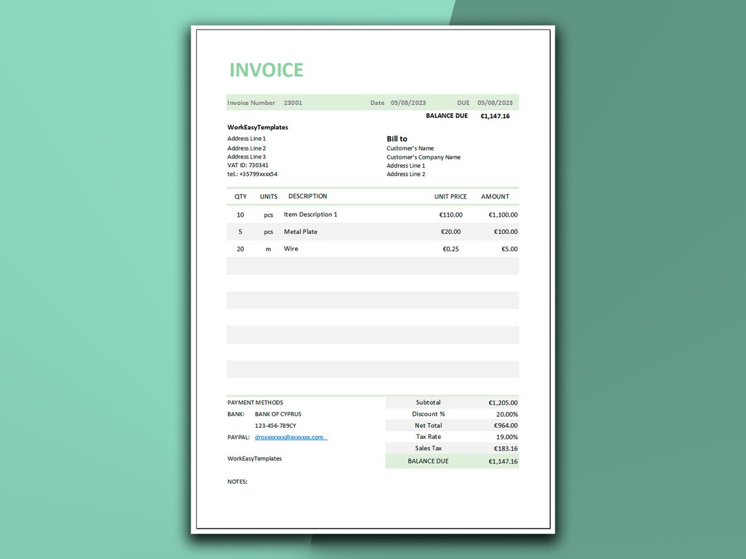 Simple Invoice Excel Google Sheets Template for Small Business, Fast ...