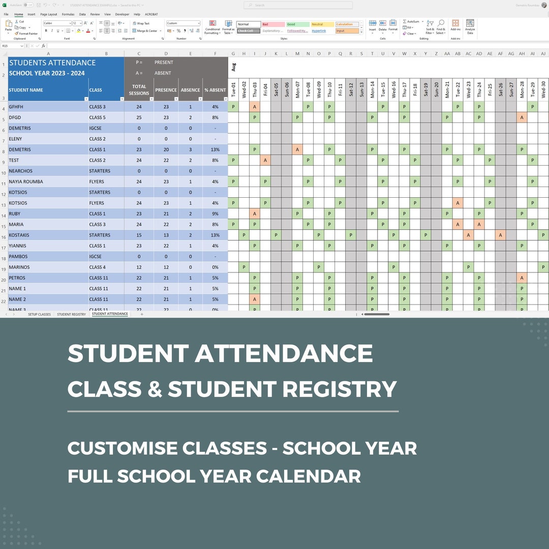 Student Attendance Reporting, School Class Registry Excel Spreadsheet ...