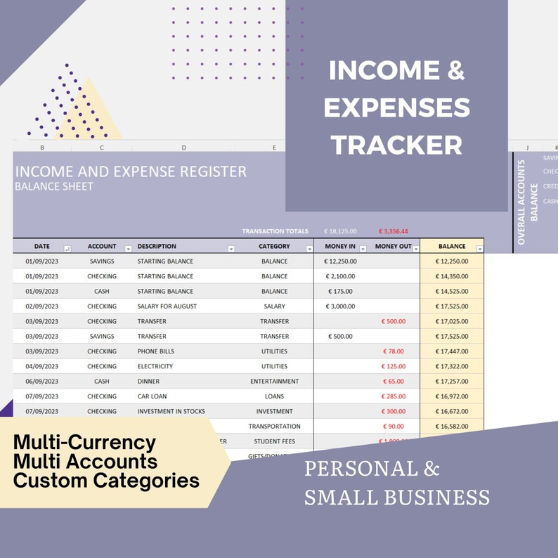 Income and Expenses Tracking Registry Balance Sheet Excel Spreadsheet ...