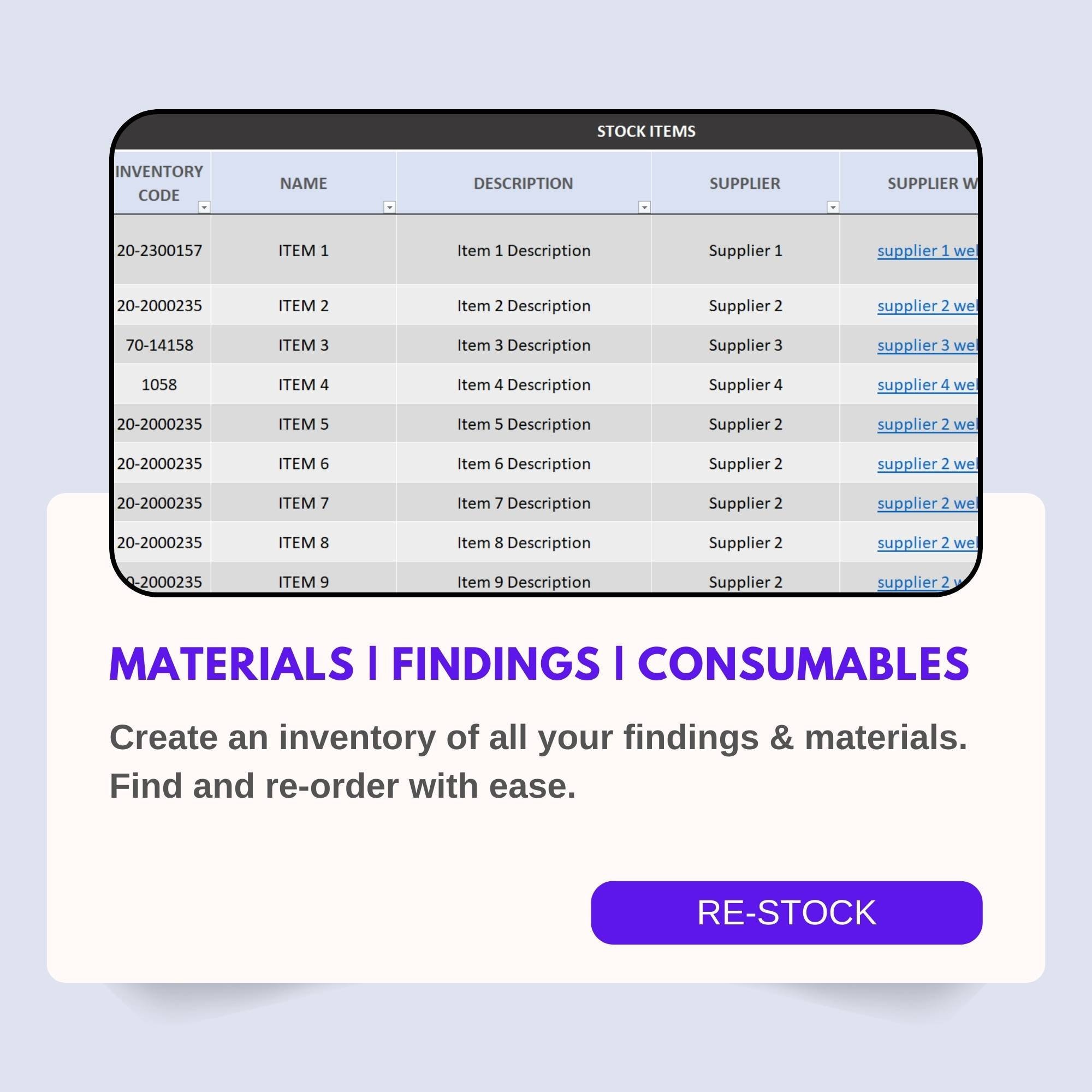 Supplies Stock Inventory Management Excel Google Sheets Spreadsheet ...