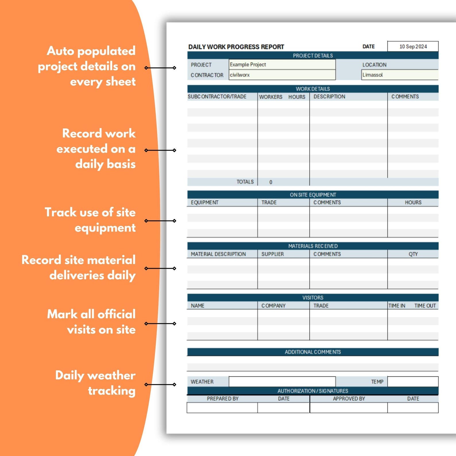 Construction Daily Works Progress Log Entry Diary Excel Template ...