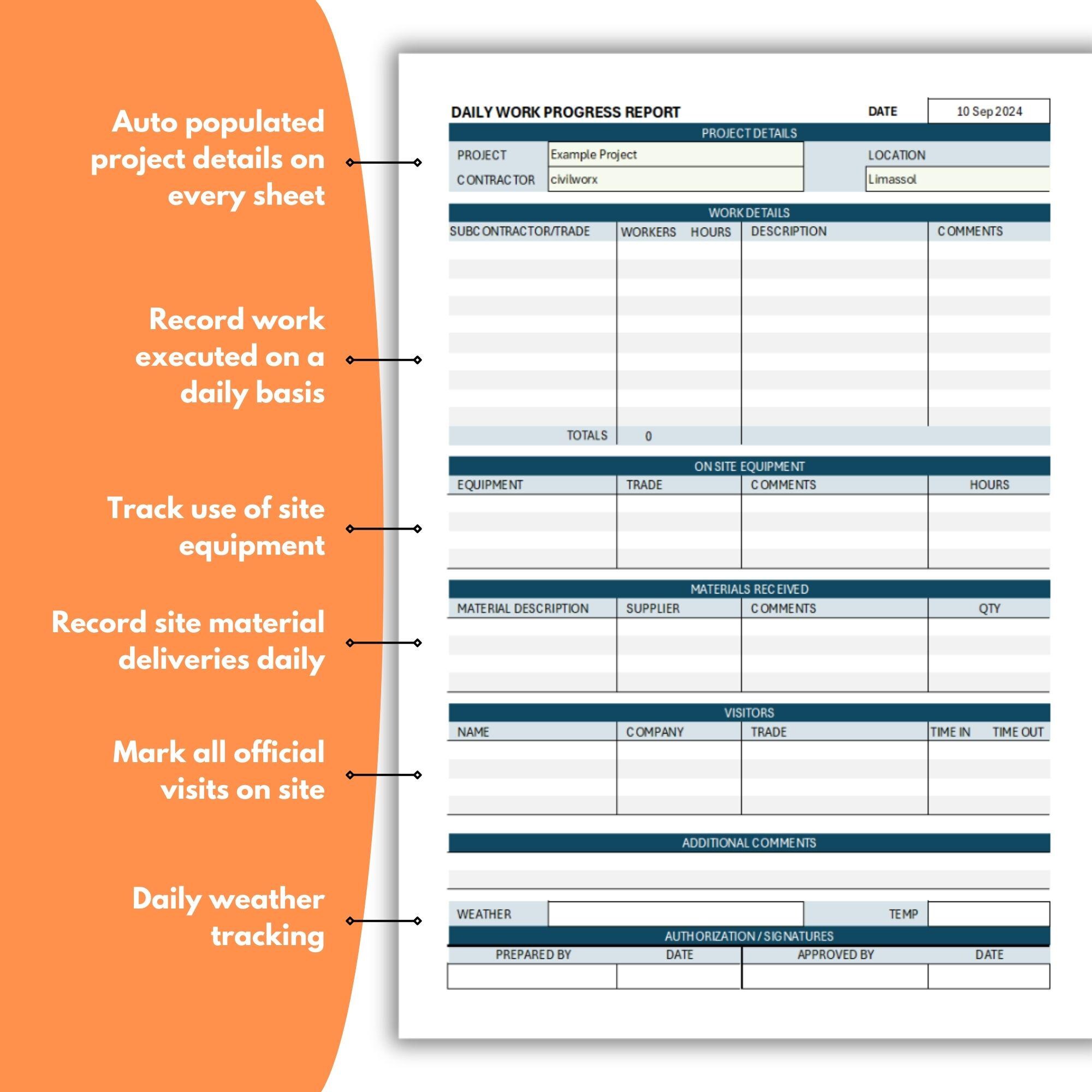Construction Daily Works Progress Log Entry Diary Excel Template ...