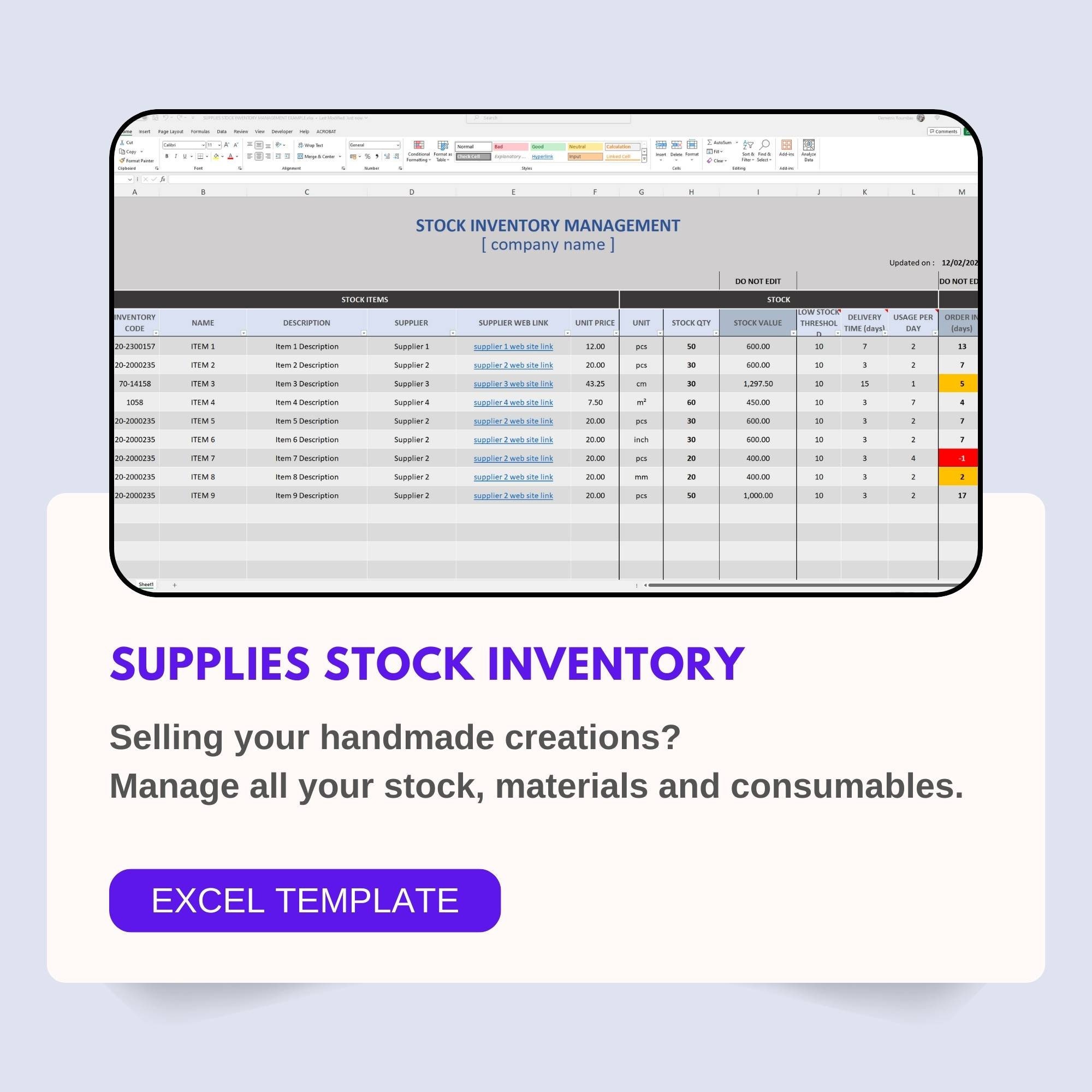 Supplies Stock Inventory Management Excel Google Sheets Spreadsheet ...