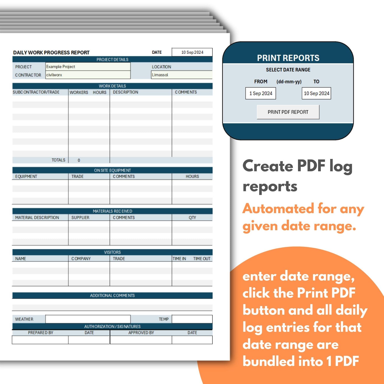 Construction Daily Works Progress Log Entry Diary Excel Template ...