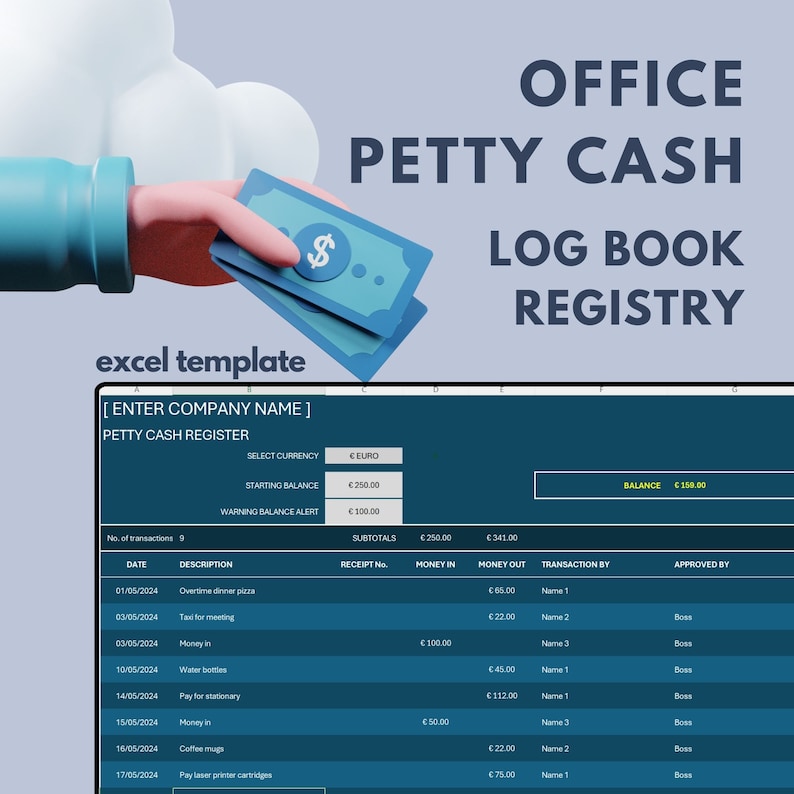 Office Petty Cash Registry Log Book Excel Spreadsheet Template - Etsy