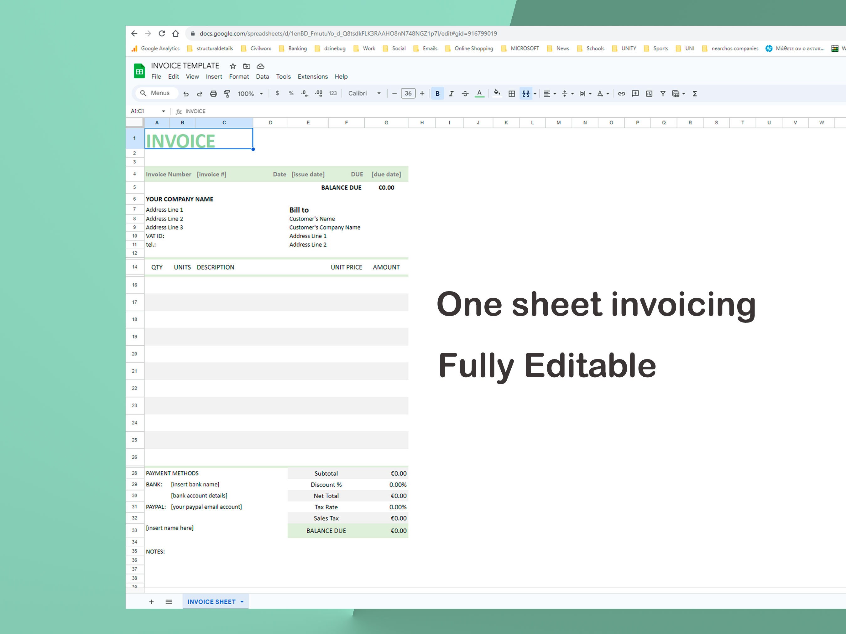 Simple Invoice Excel Google Sheets Template for Small Business, Fast ...