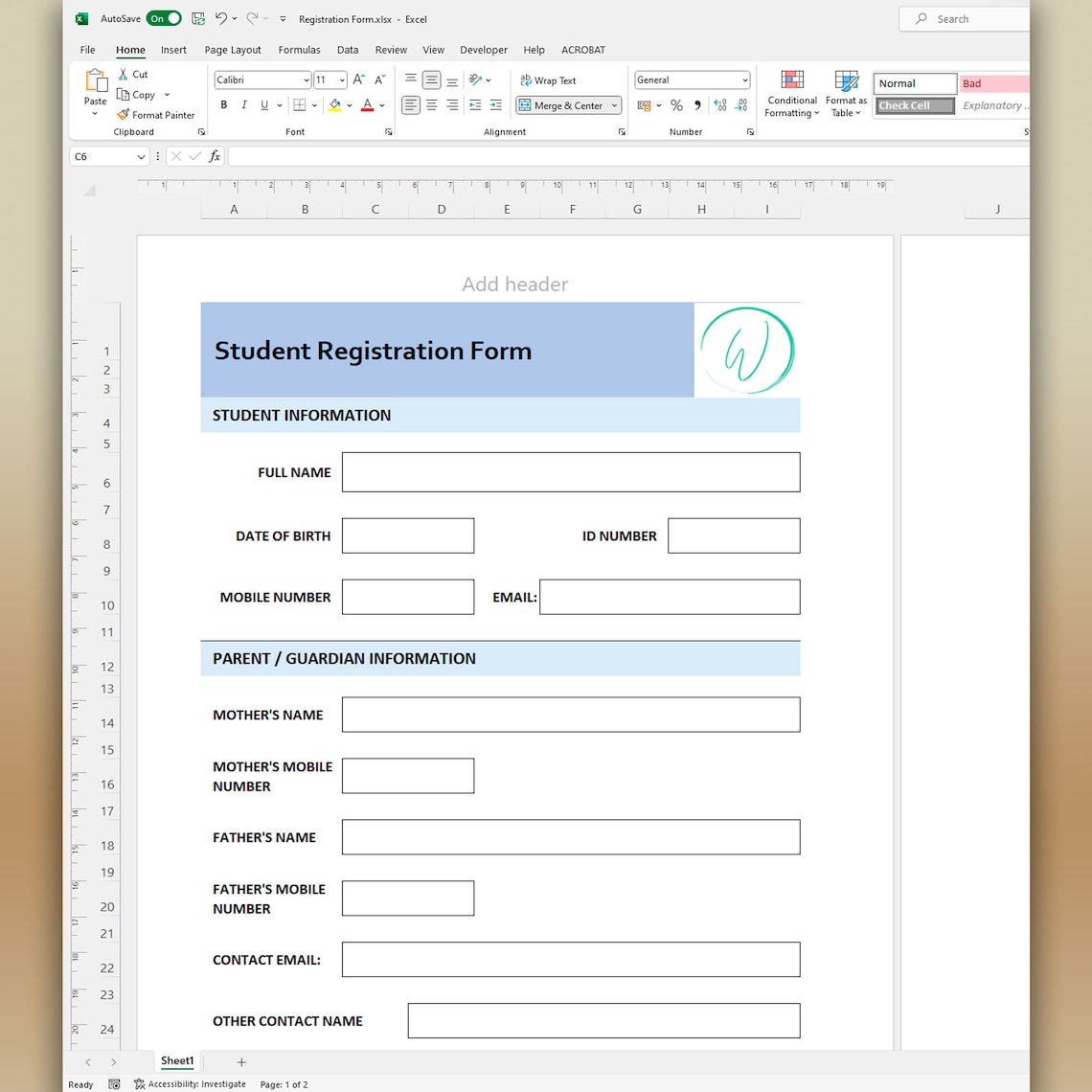 Student Registration Form Excel Google Sheets Spreadsheet Template ...