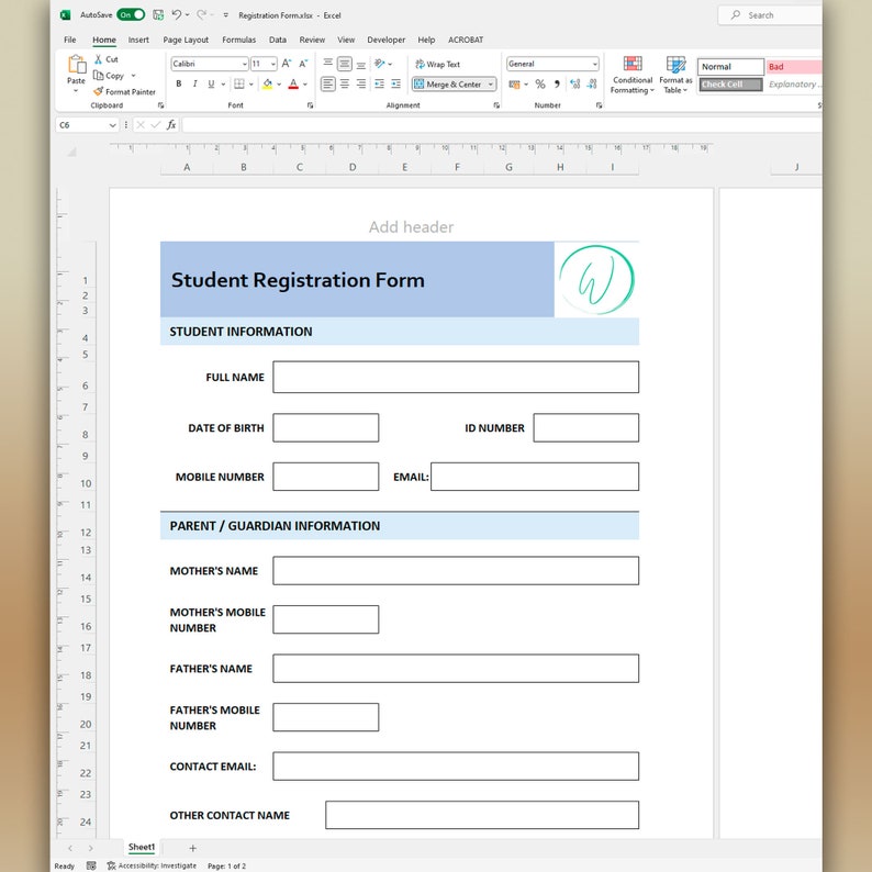Student Registration Form Excel Google Sheets Spreadsheet Template ...