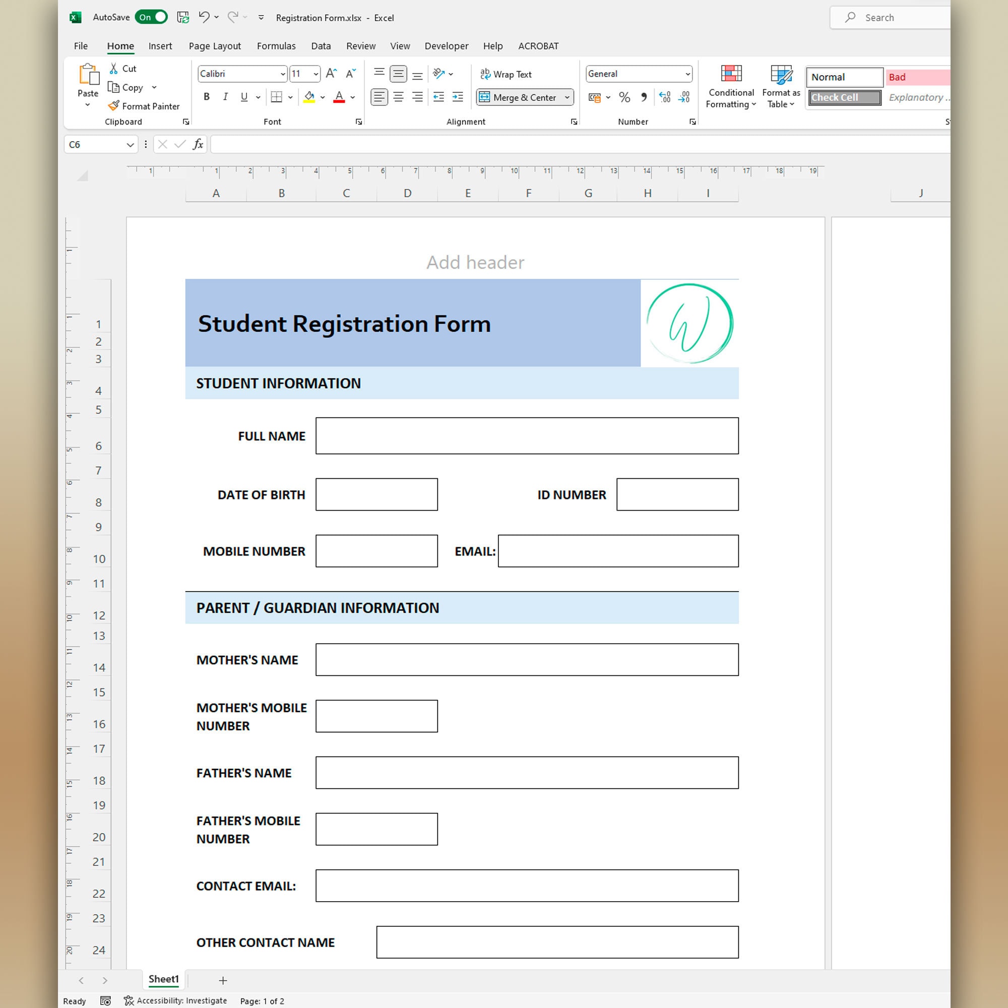 Student Registration Form Excel Google Sheets Spreadsheet Template, Simple Fast Registration ...