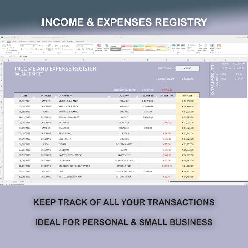 Income and Expenses Tracking Registry Balance Sheet Excel Spreadsheet ...