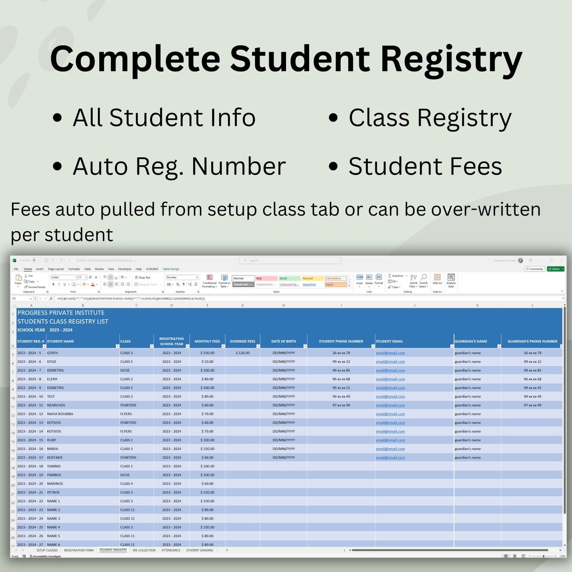 School Students Management Excel Template, Student and Class Registry ...