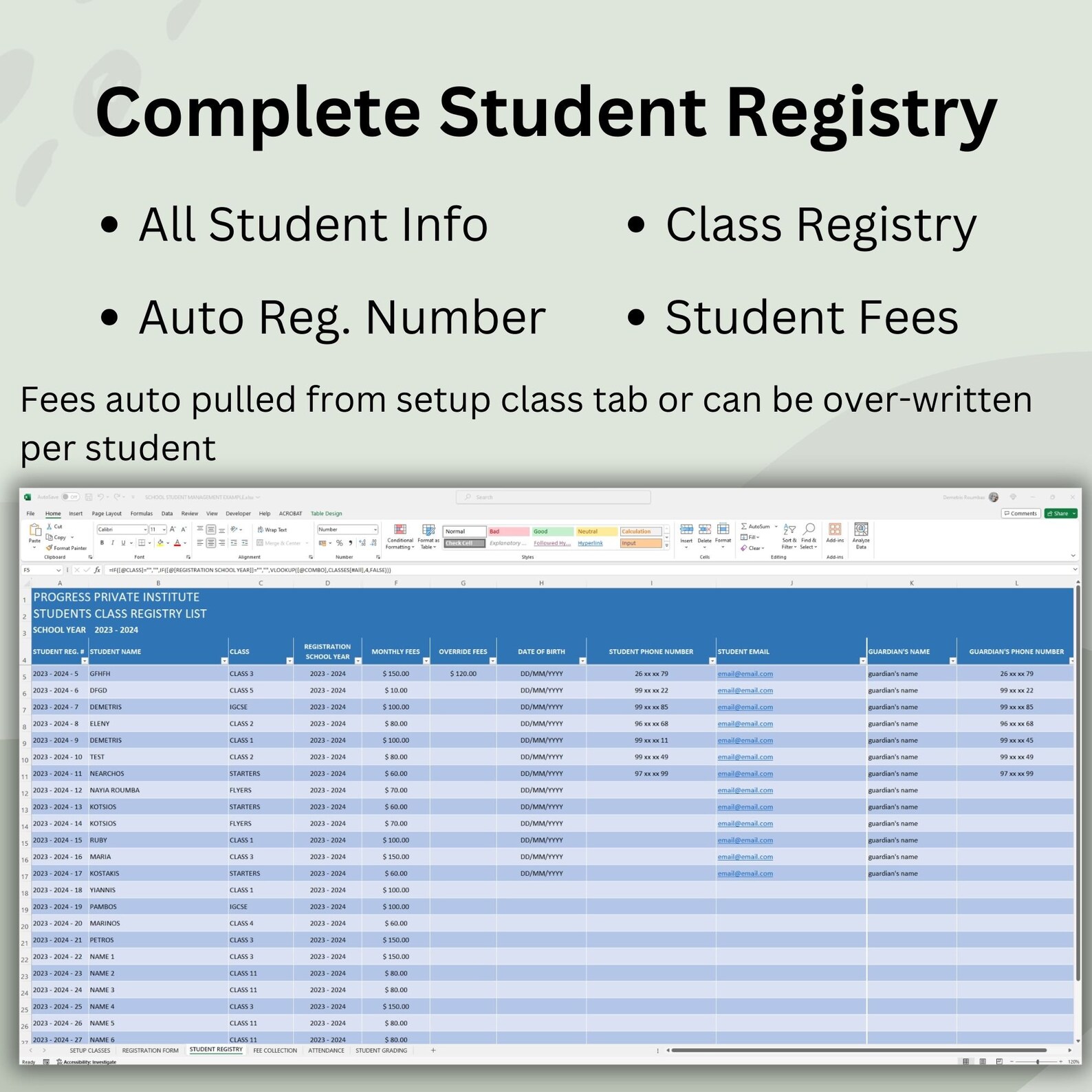 School Students Management Excel Template, Student and Class Registry ...