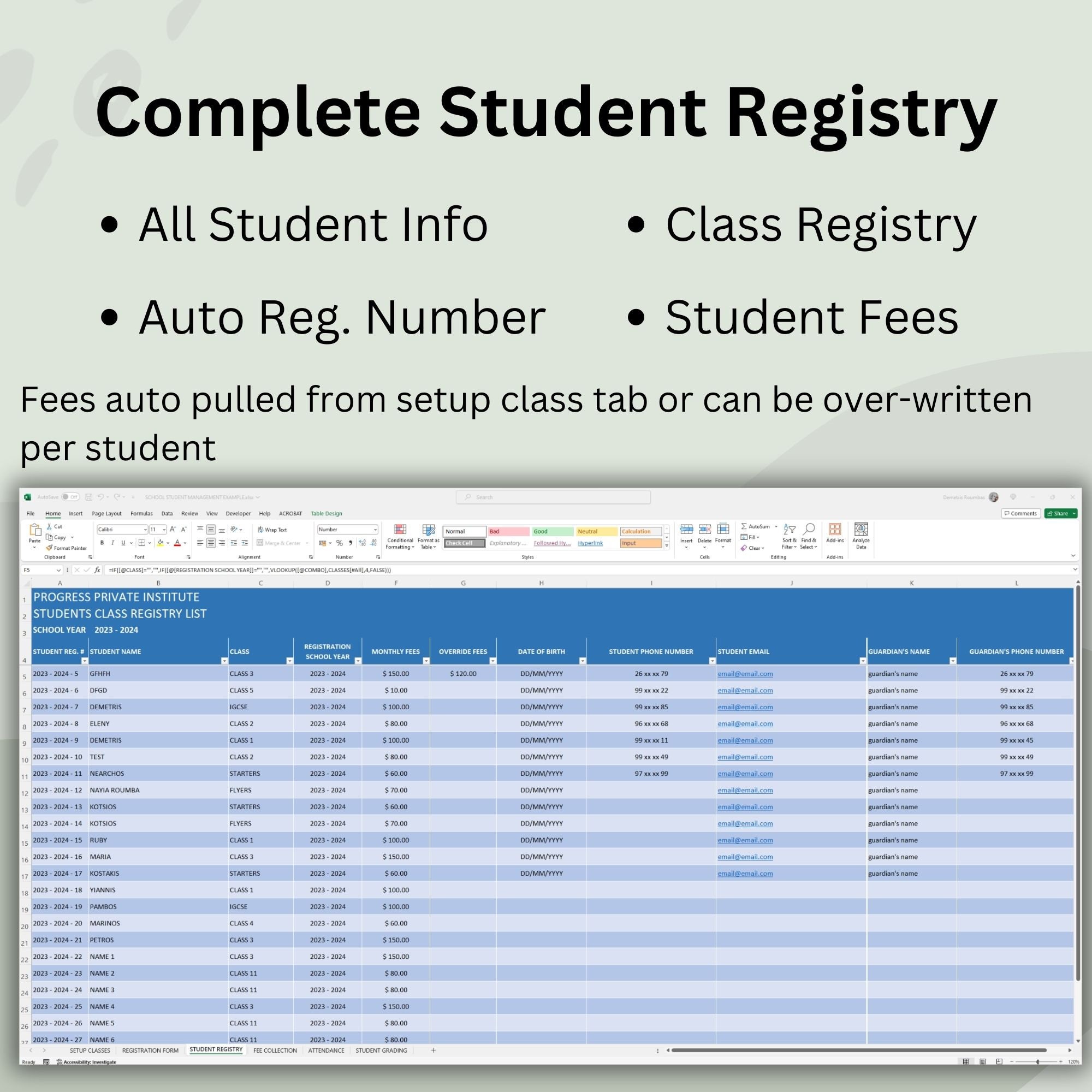 School Students Management Excel Template, Student and Class Registry ...