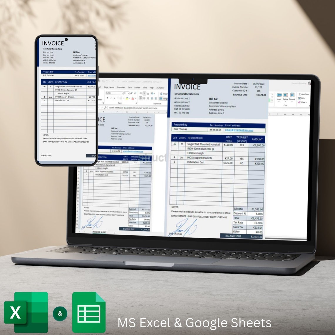 Professional Invoice Excel Google Sheets Template,itemized Tax ...