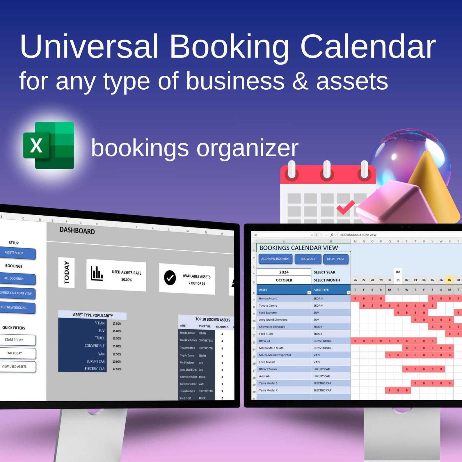 Universal Booking Calendar Organizer Excel Tool, Daily Basis ...