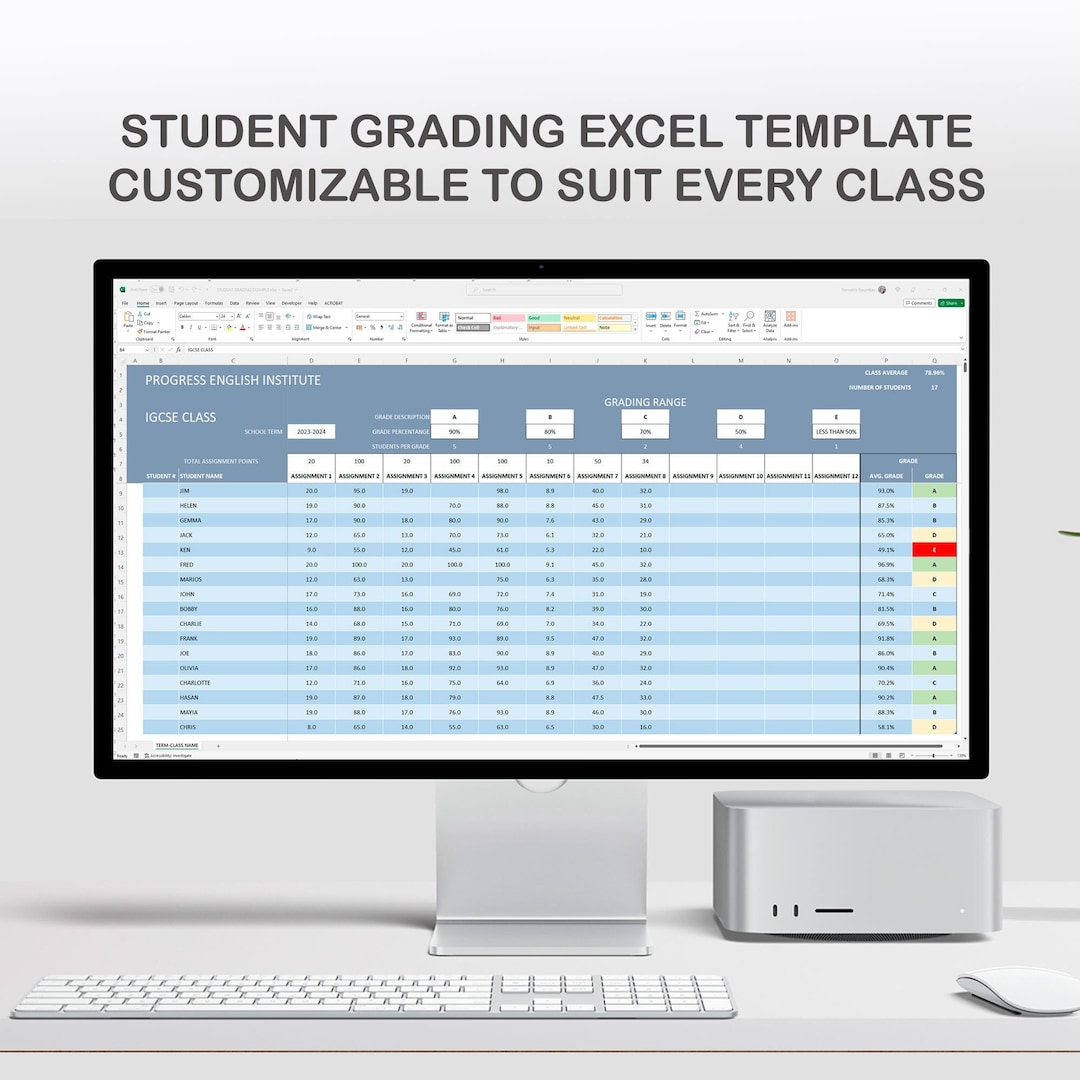 Simple Student Grade Book Excel Google Sheets Spreadsheet, Editable ...