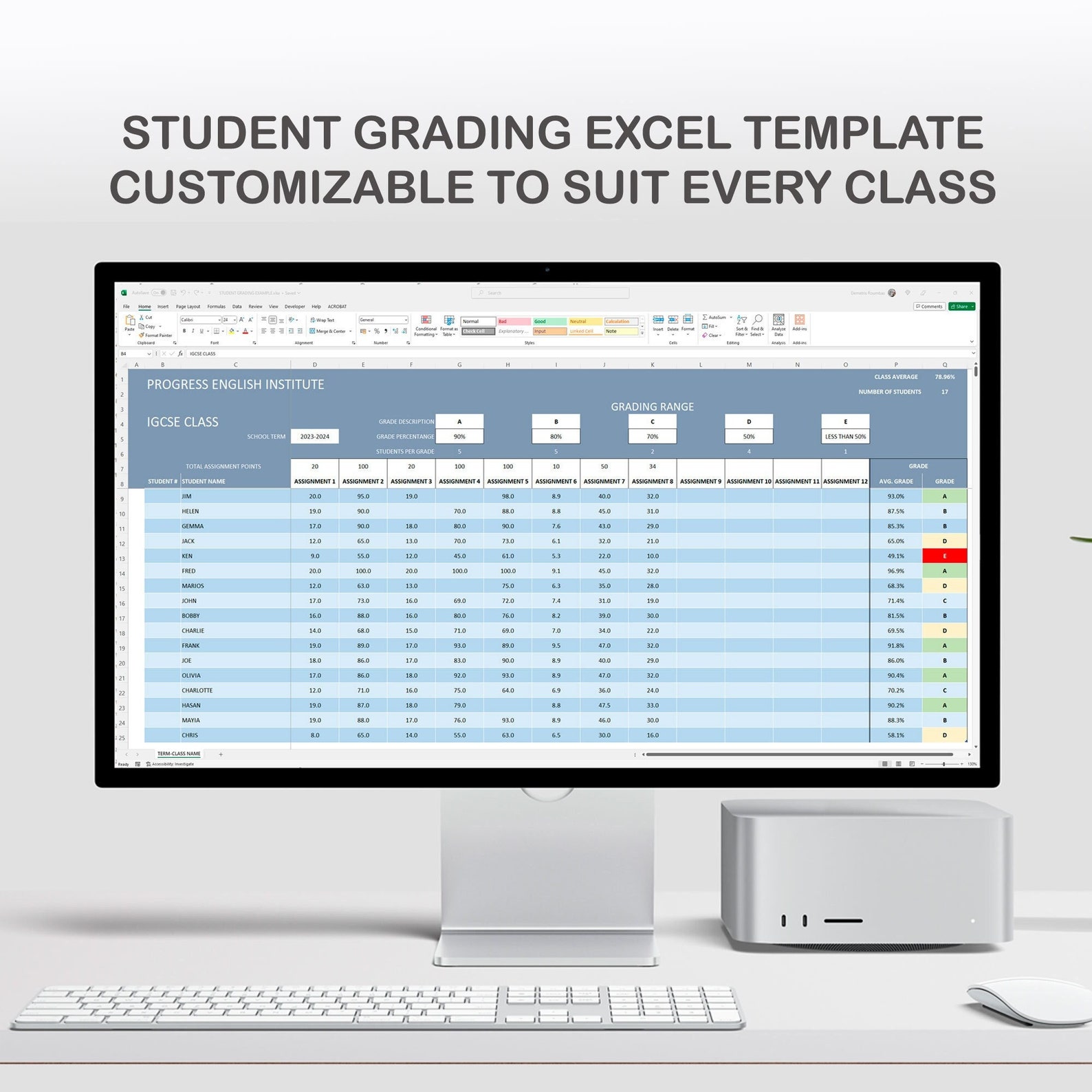 Simple Student Grade Book Excel Google Sheets Spreadsheet, Editable ...