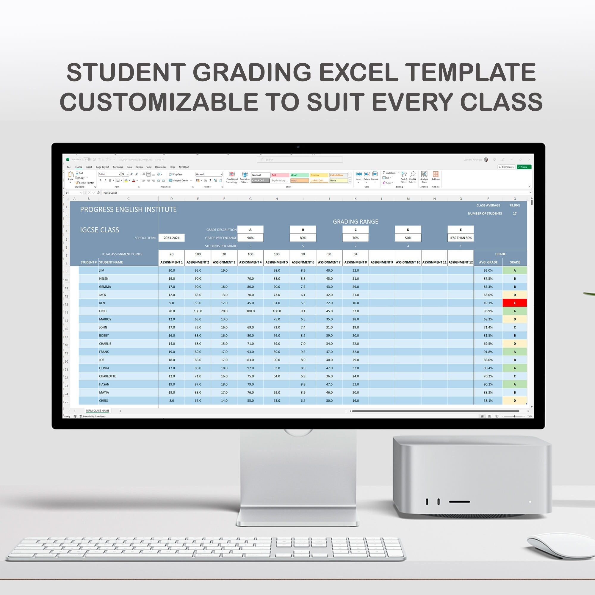 Simple Student Grade Book Excel Google Sheets Spreadsheet, Editable ...