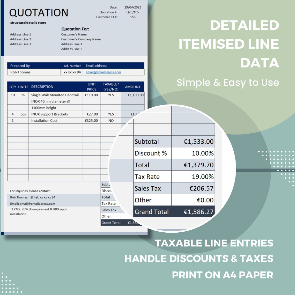 Professional Quotation Excel Google Sheets Template, Itemised Line ...
