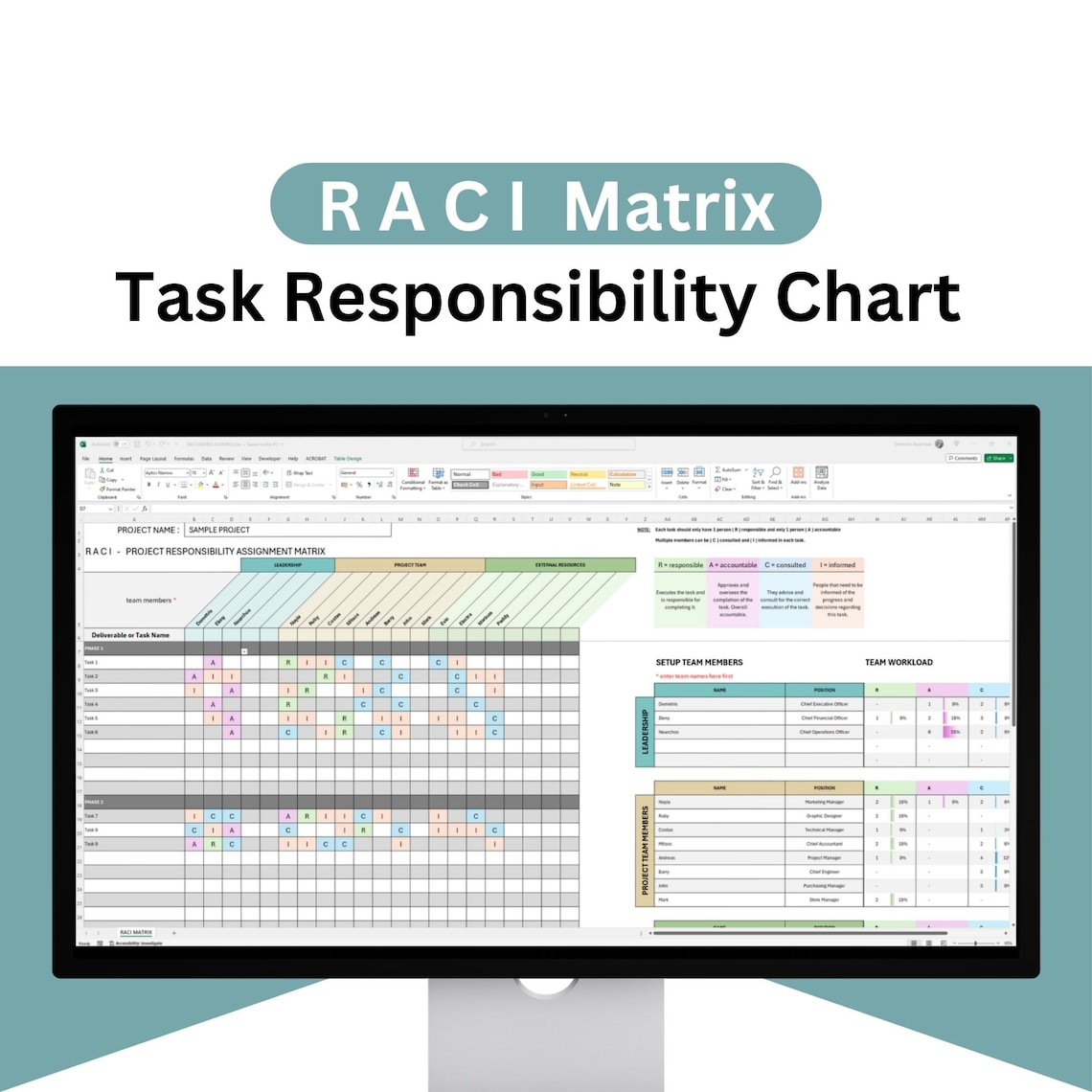 RACI Matrix Excel Template, Project Task Assignment Responsibility ...