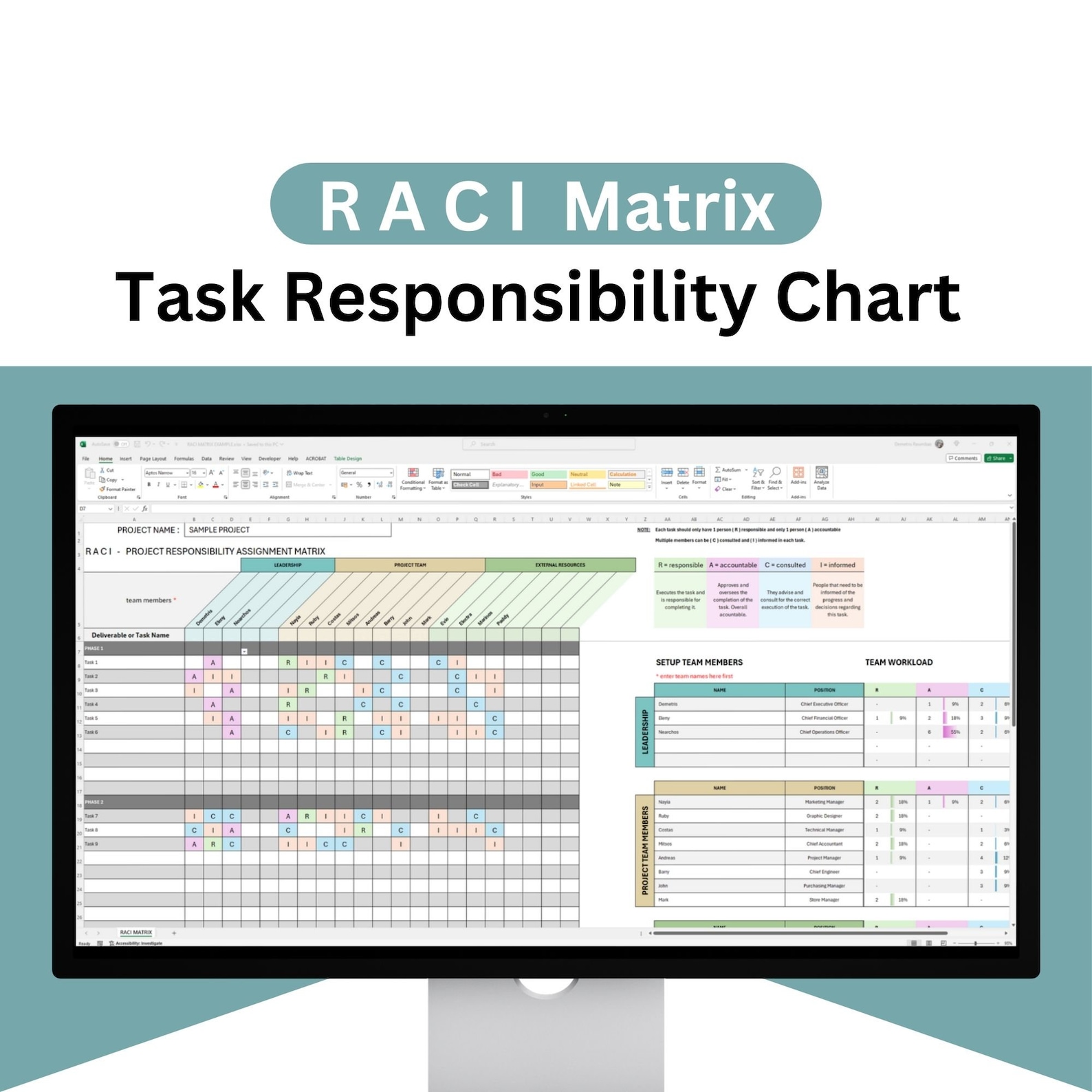 RACI Matrix Excel Template, Project Task Assignment Responsibility ...
