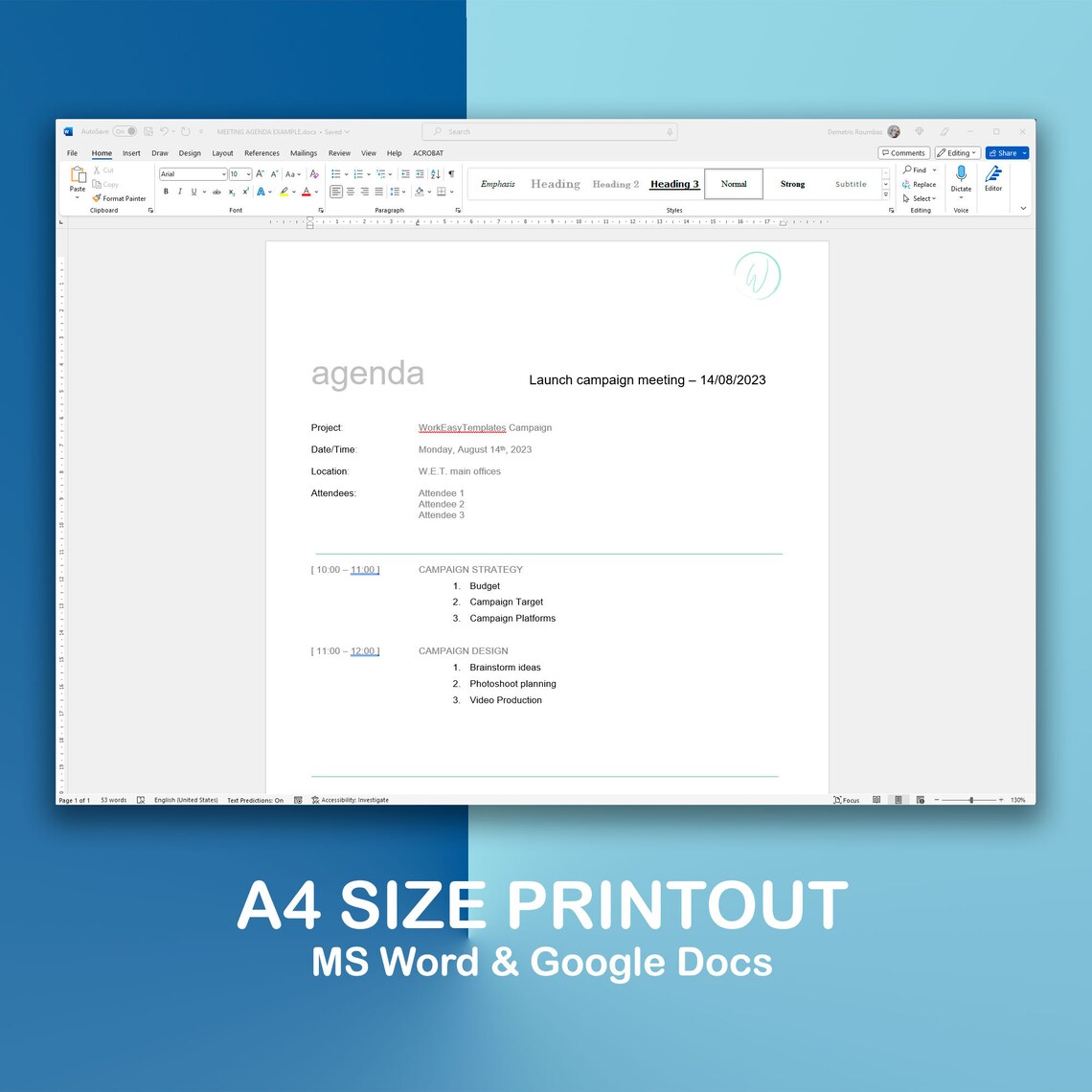 Simple Elegant Meeting Agenda Template for Microsoft Word and Google ...