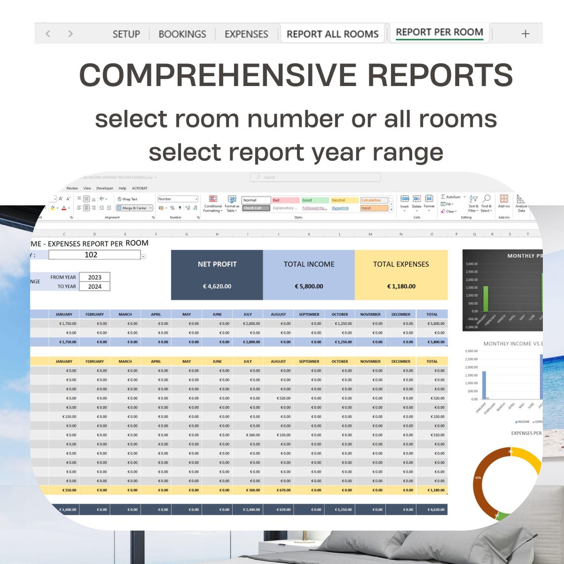 Hotel Rooms Booking Rentals Income Expenses Profit Financial Tracker ...