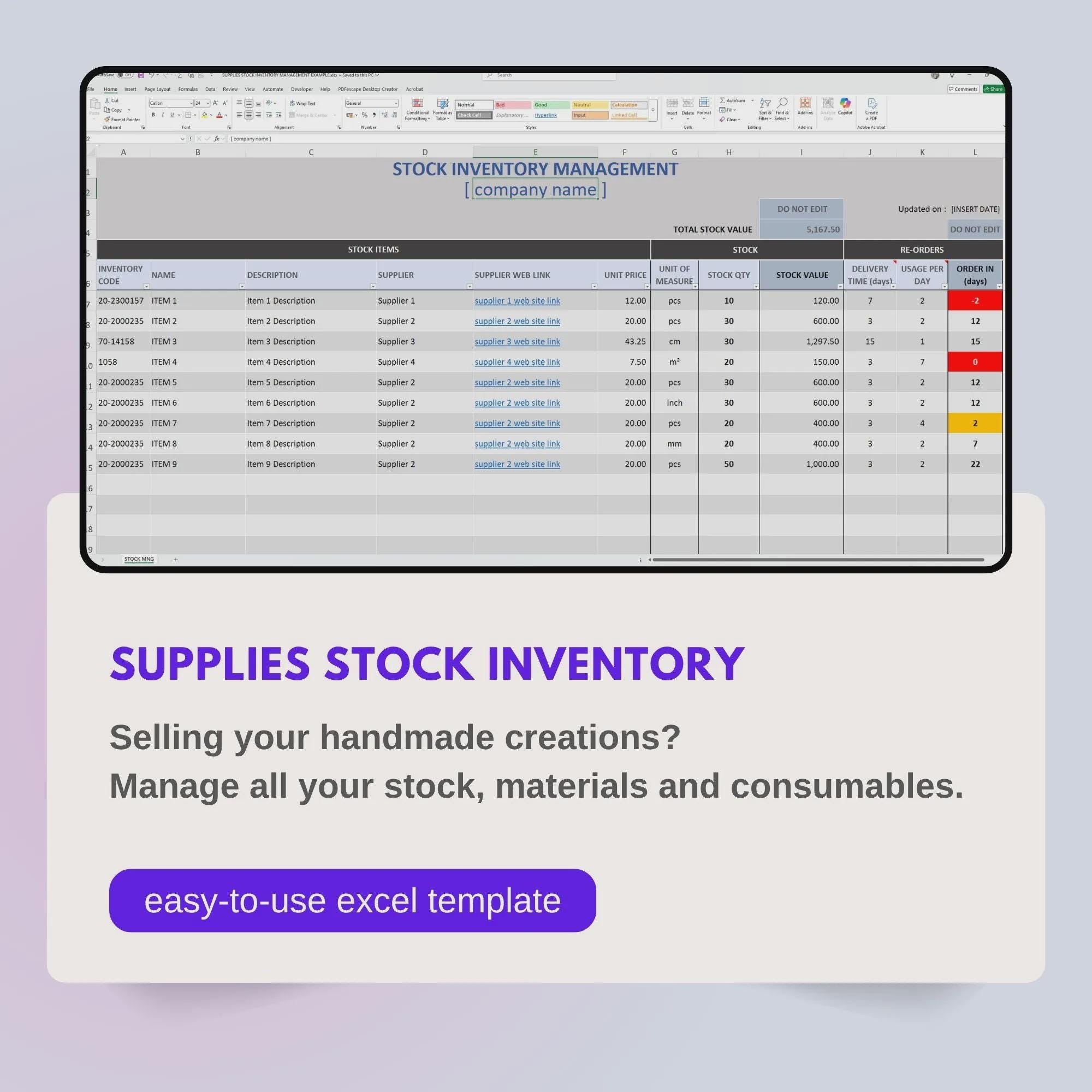 Supplies Stock Inventory Management Excel Google Sheets Spreadsheet ...