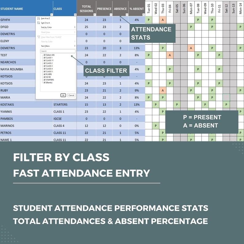 Student Attendance Reporting, School Class Registry Excel Spreadsheet ...