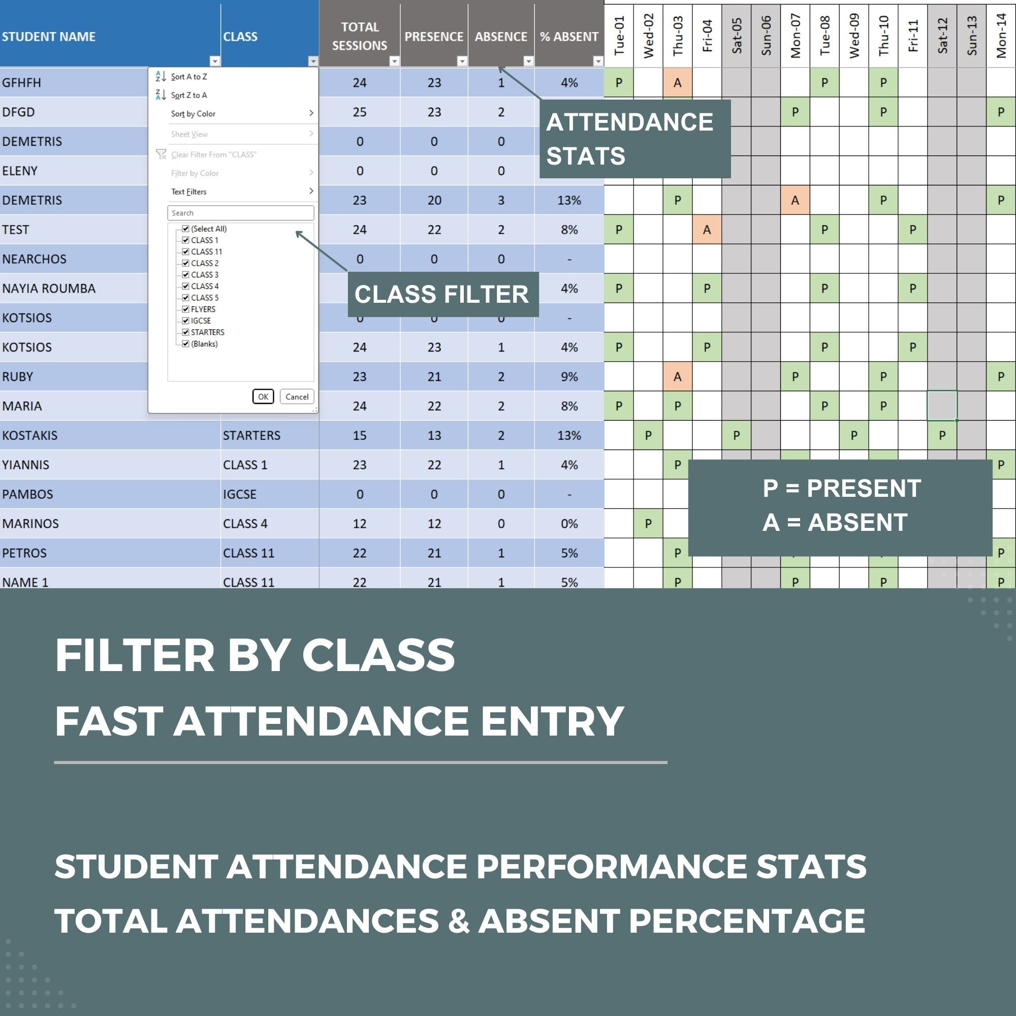 Student Attendance Reporting, School Class Registry Excel Spreadsheet ...