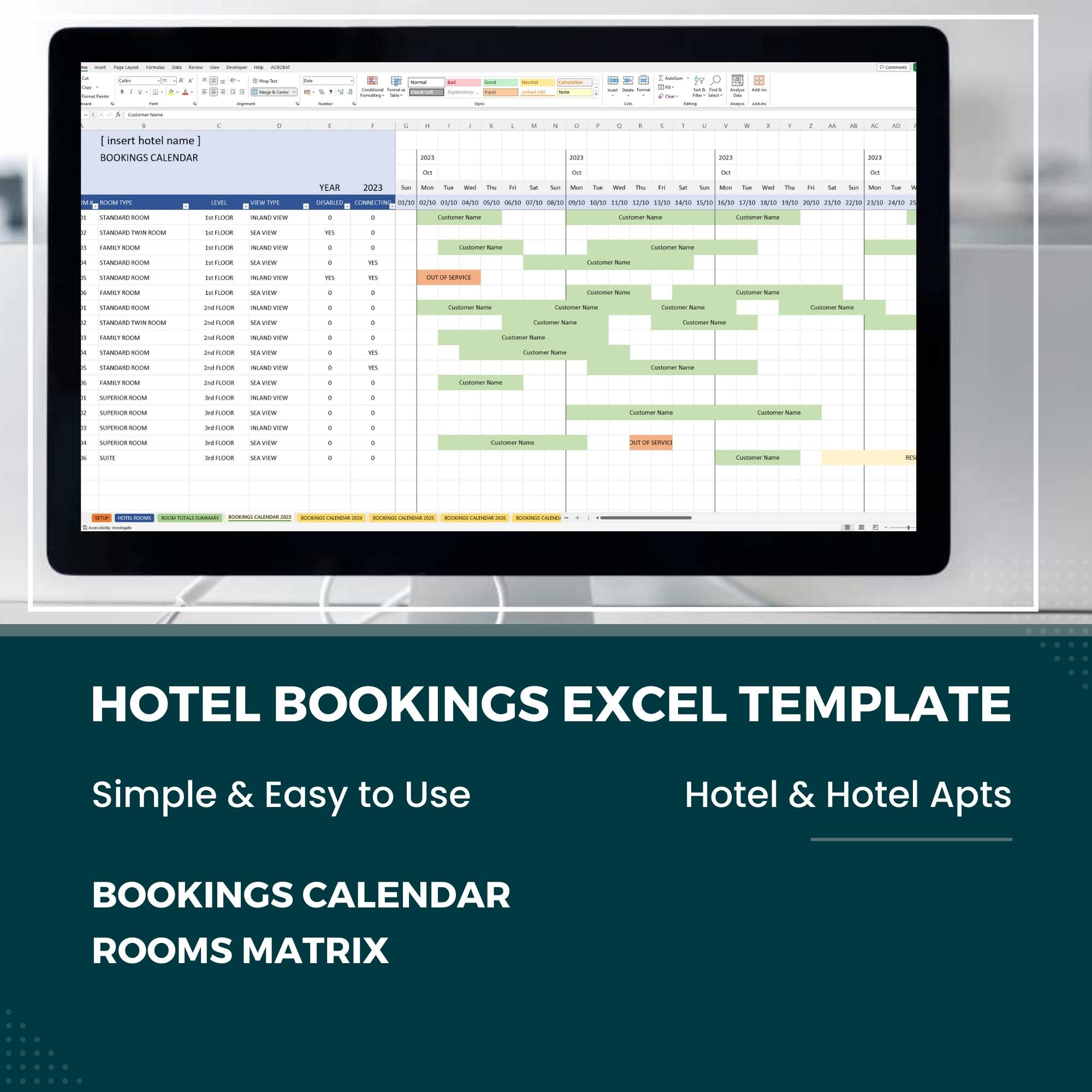 Hotel and Hotel Apartments Bookings Calendar Excel Spreadsheet Template, Custom Setup Rooms ...