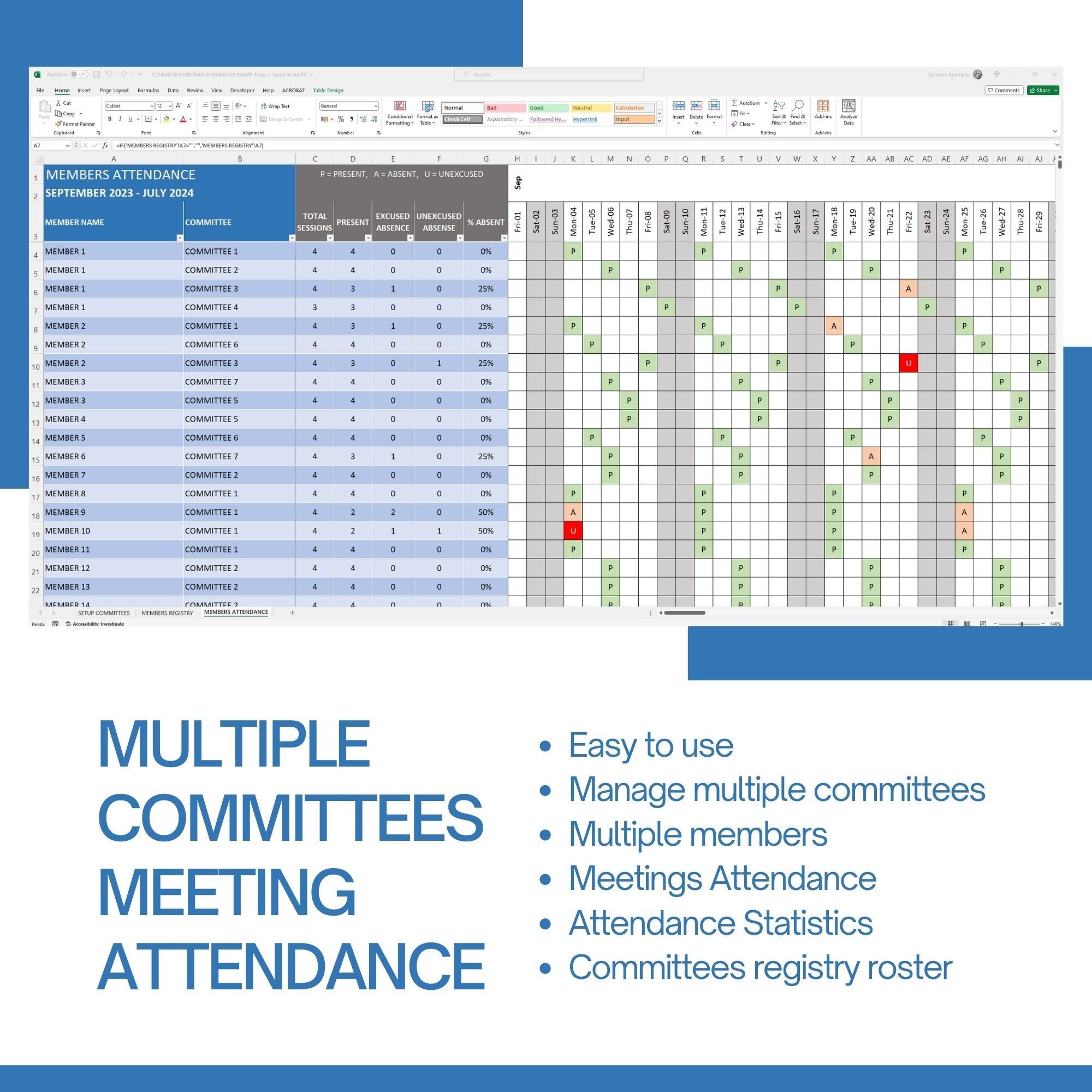 Manage Multiple Committees Meetings Attendance, Excel Spreadsheet ...