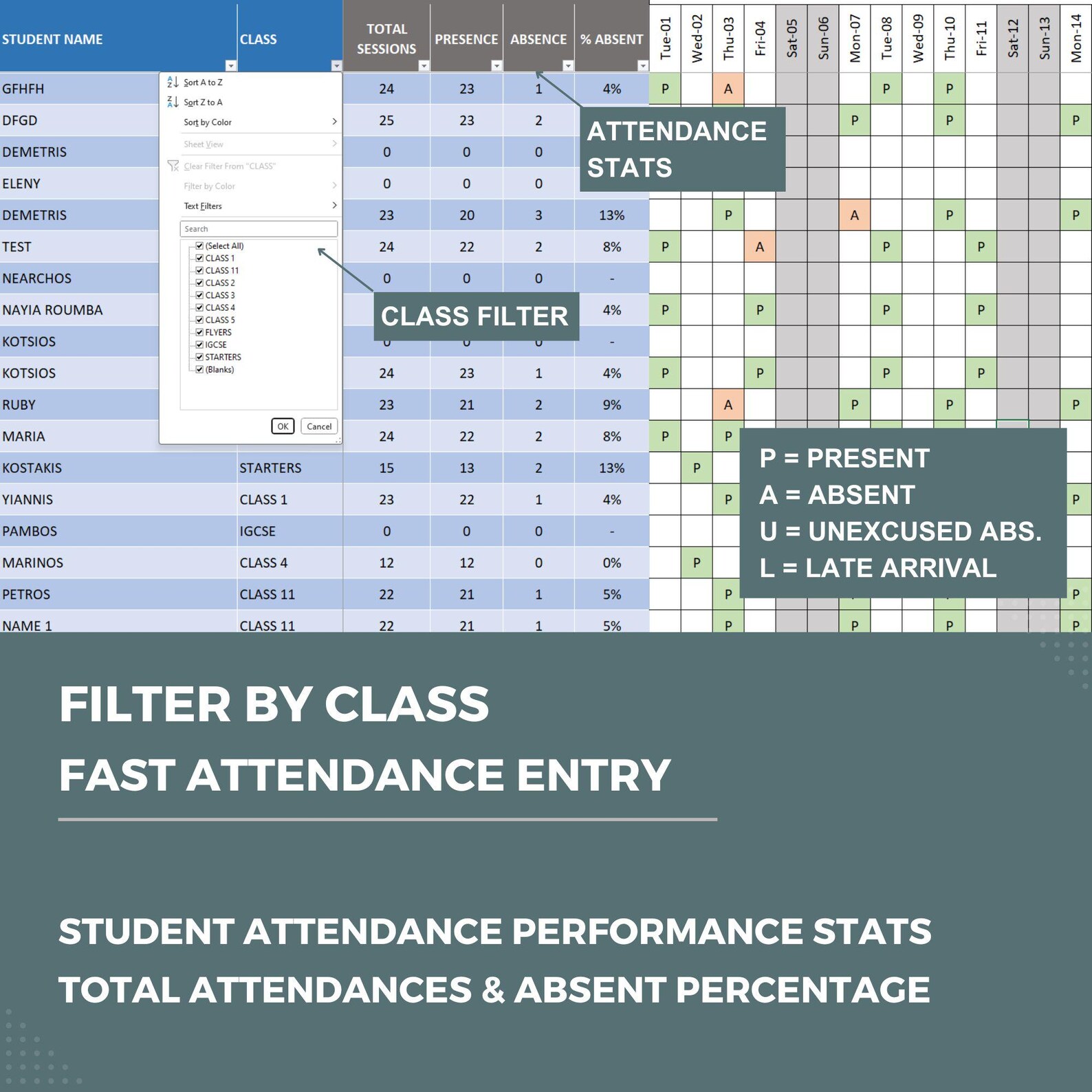Student Attendance Reporting, School Class Registry Excel Spreadsheet ...