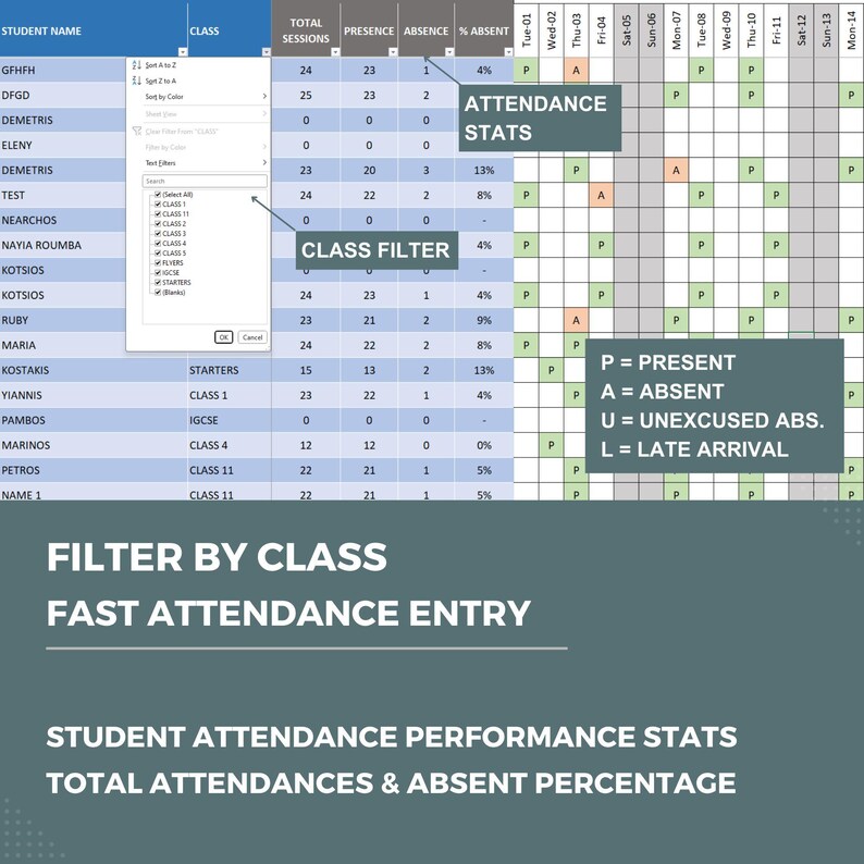 Student Attendance Reporting, School Class Registry Excel Spreadsheet ...