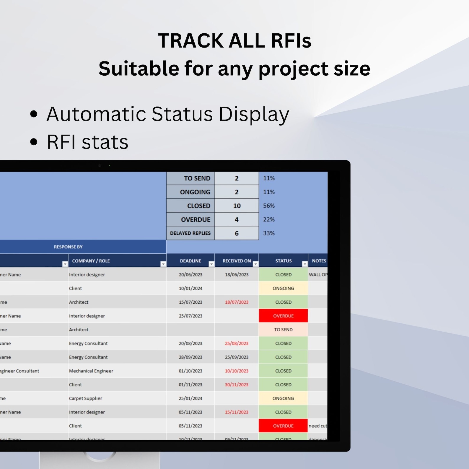 Construction RFI Log Tracker Excel Template Spreadsheet With RFI Empty ...