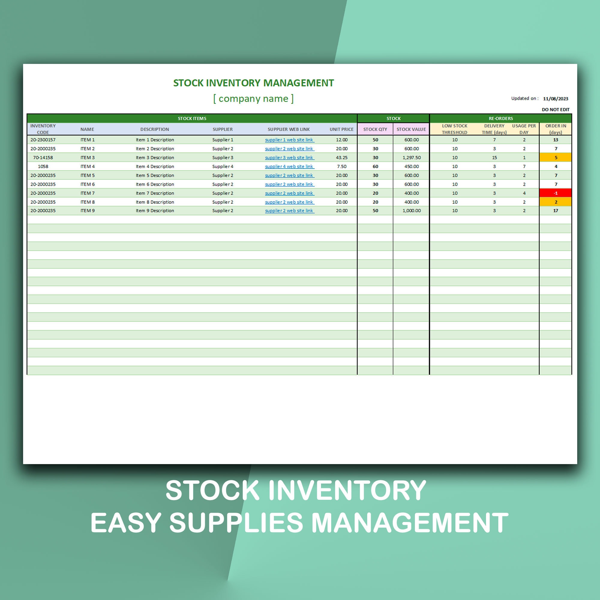 Supplies Stock Inventory Management Excel Google Sheets Spreadsheet ...