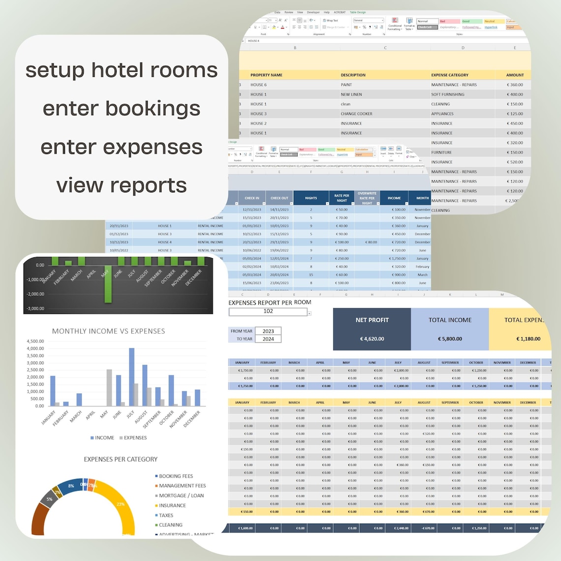 Hotel Rooms Booking Rentals Income Expenses Profit Financial Tracker ...