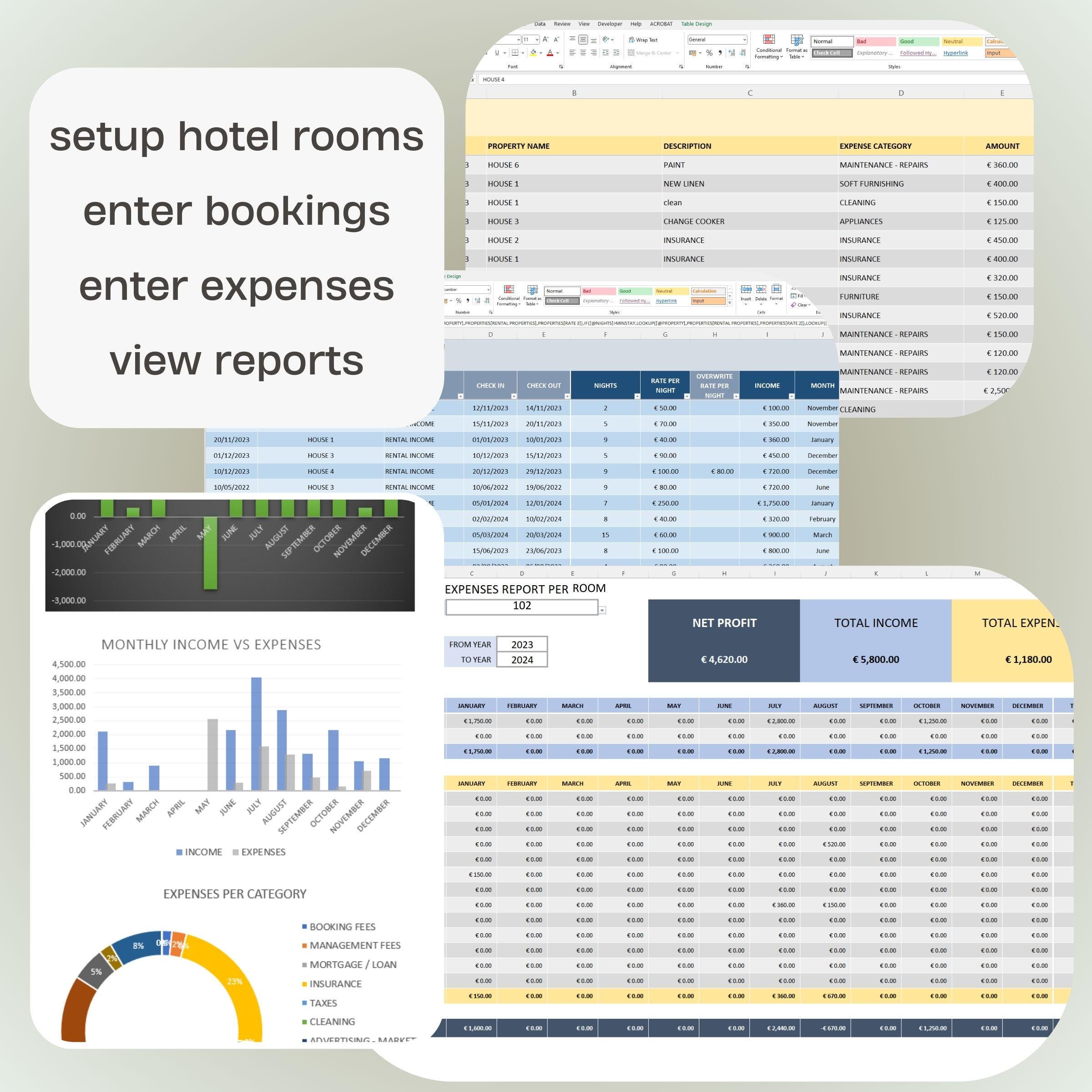 Hotel Rooms Booking Rentals Income Expenses Profit Financial Tracker ...