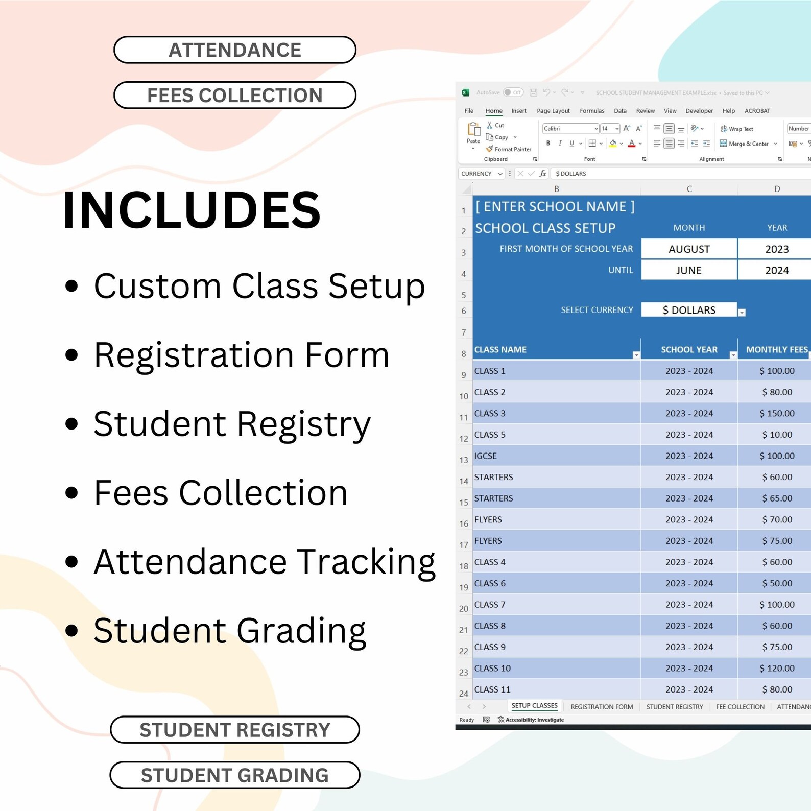 School Students Management Excel Template, Student and Class Registry, Fees Collection Tracking ...
