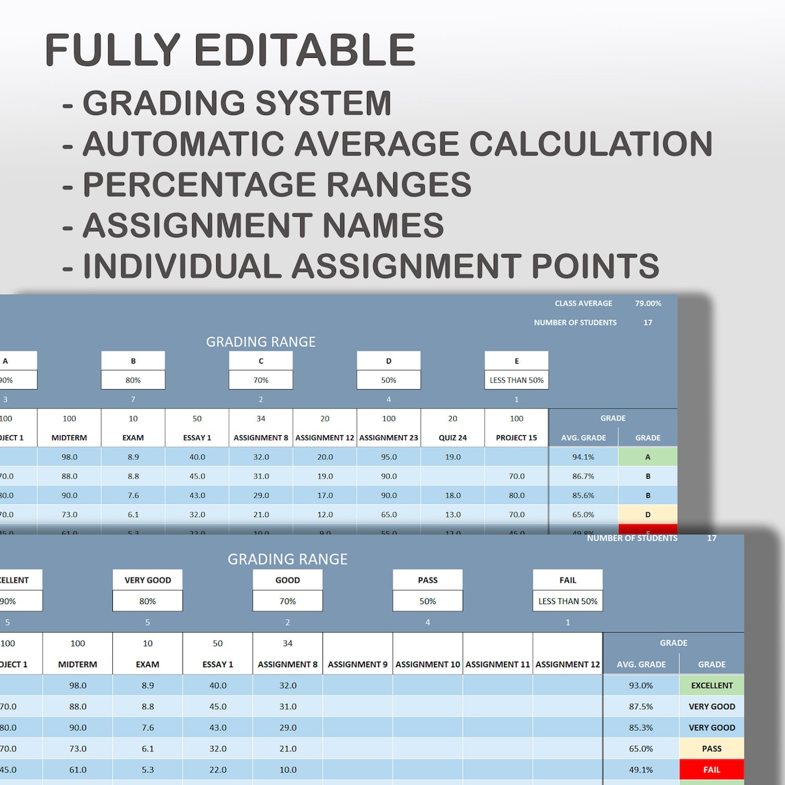 Simple Student Grade Book Excel Google Sheets Spreadsheet, Editable ...