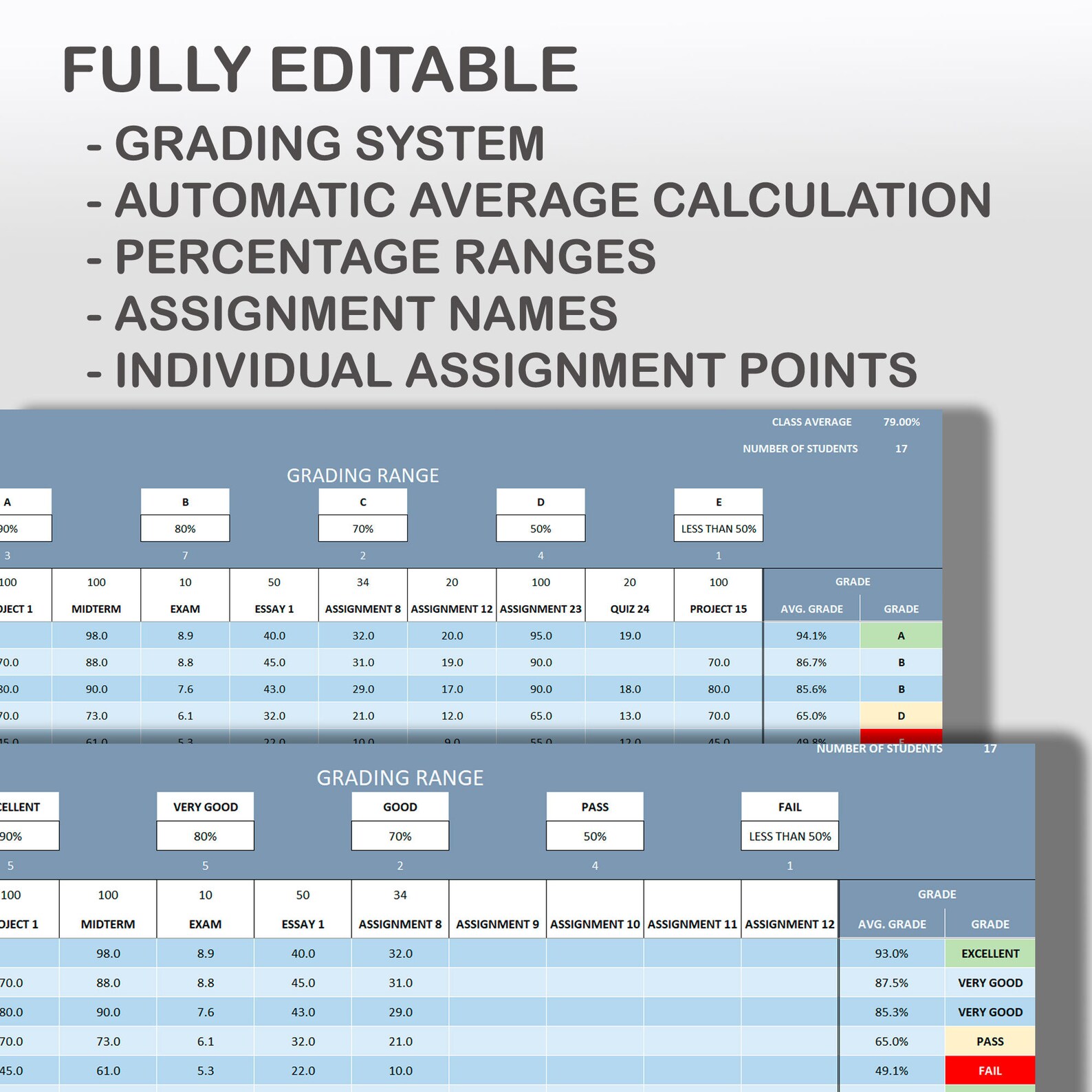 Simple Student Grade Book Excel Google Sheets Spreadsheet, Editable ...