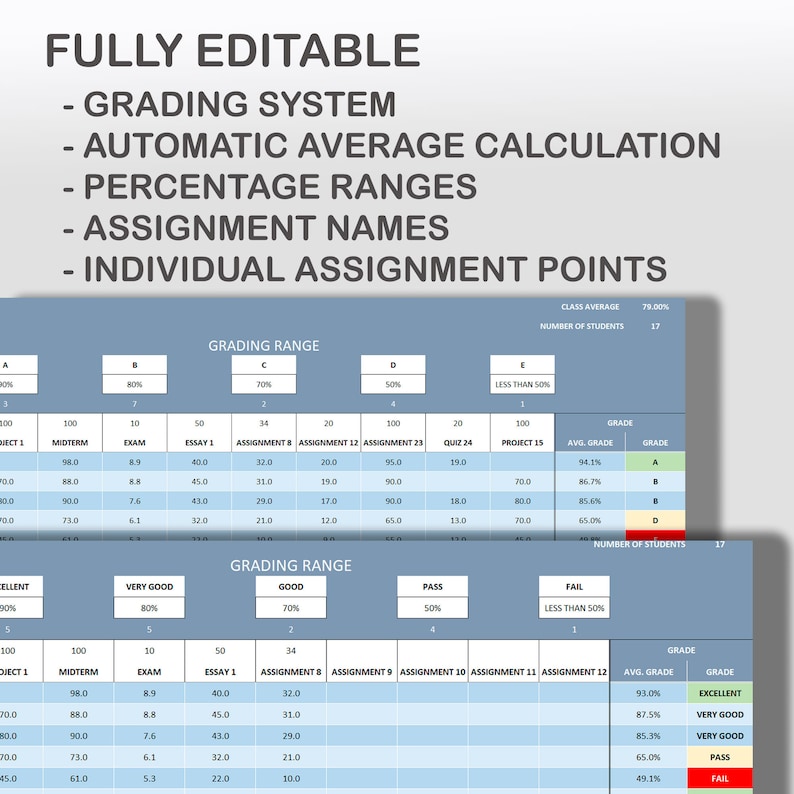 Simple Student Grade Book Excel Google Sheets Spreadsheet, Editable ...